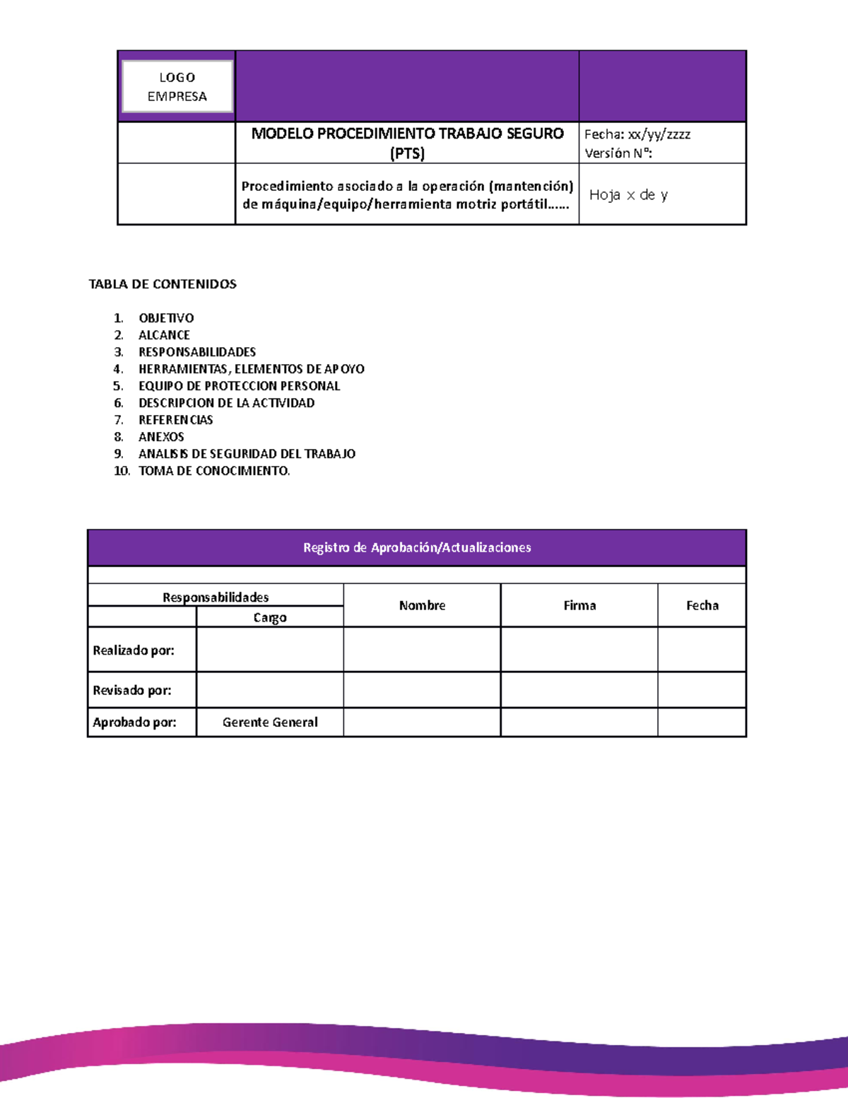 Modelo de Procedimiento Seguro de Trabajo PTS - Mantención de Equipos ...