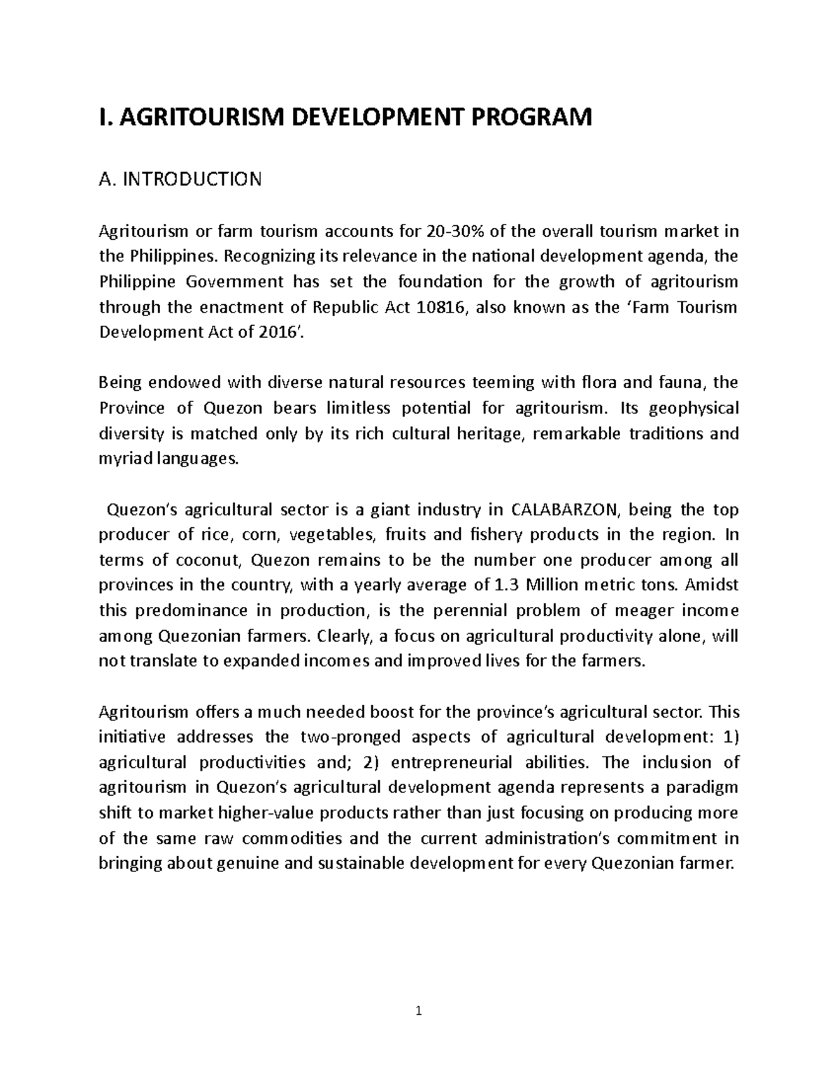 Quezon Agri-Tourism - I. AGRITOURISM DEVELOPMENT PROGRAM A ...