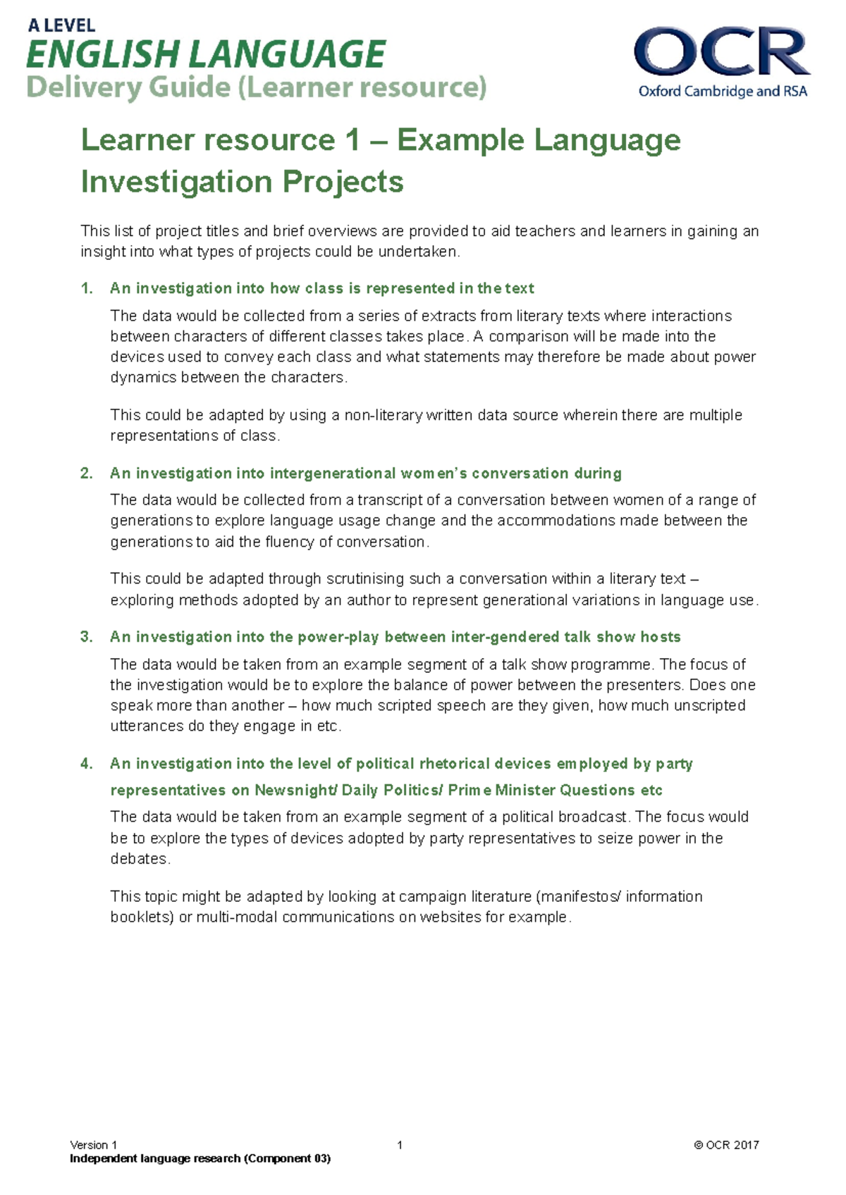 OCR Language Investigation Projects: Examples & Insights - Studocu