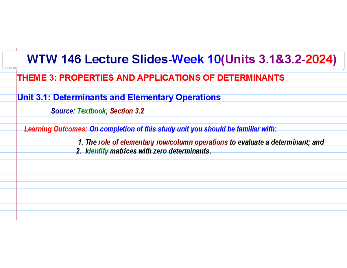 WTW 146 Lecture Slides - Week 10(Units 3 - WTW 146 - THEME 3 ...
