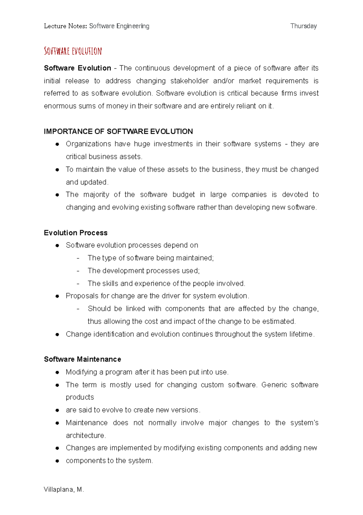 Software Evolution - Week12(Lecture Notes) - Lecture Notes: Software ...