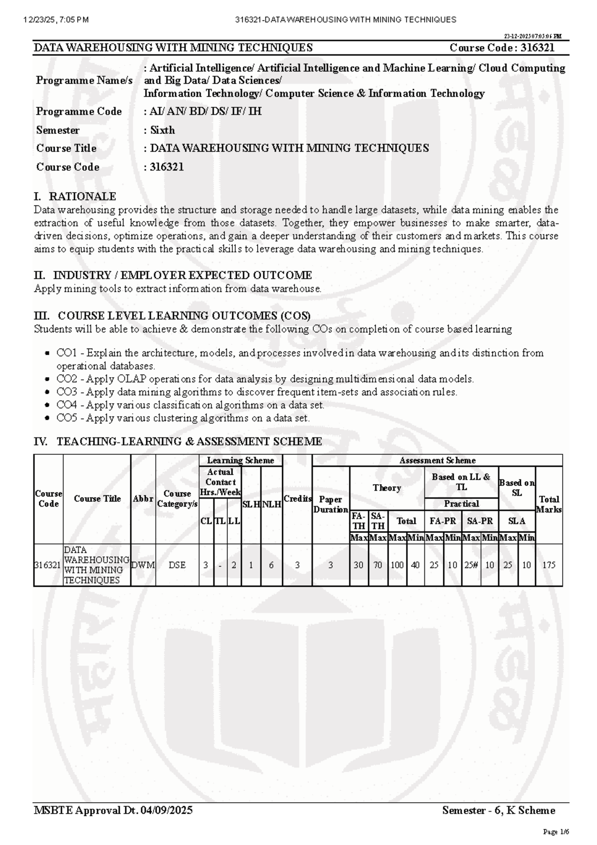 316321 - Data Warehousing & Mining Techniques: Course Overview and Outcomes - Studocu