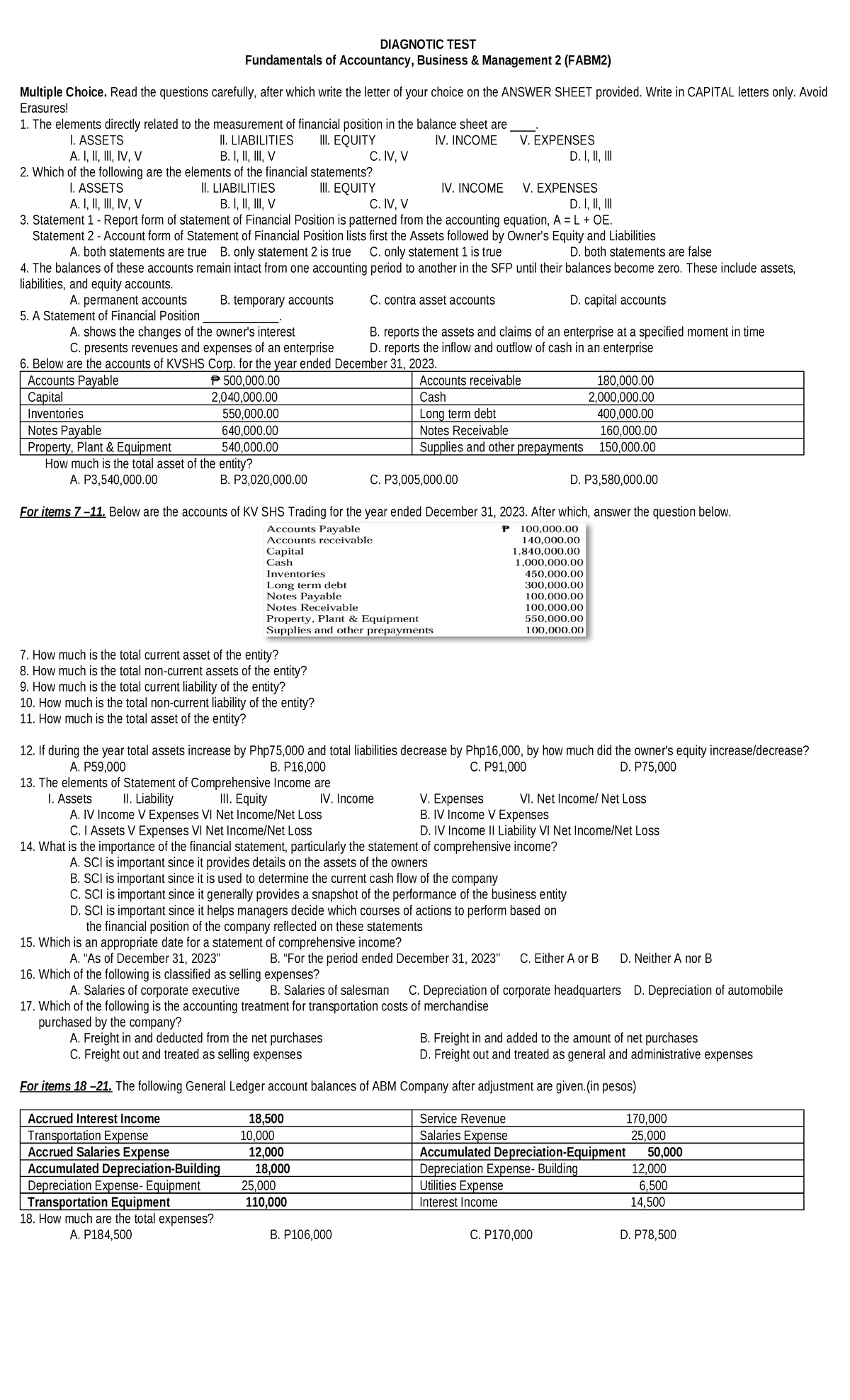 Diagnostic Test in Fundamentals of Accountancy, Business Management 2 ...