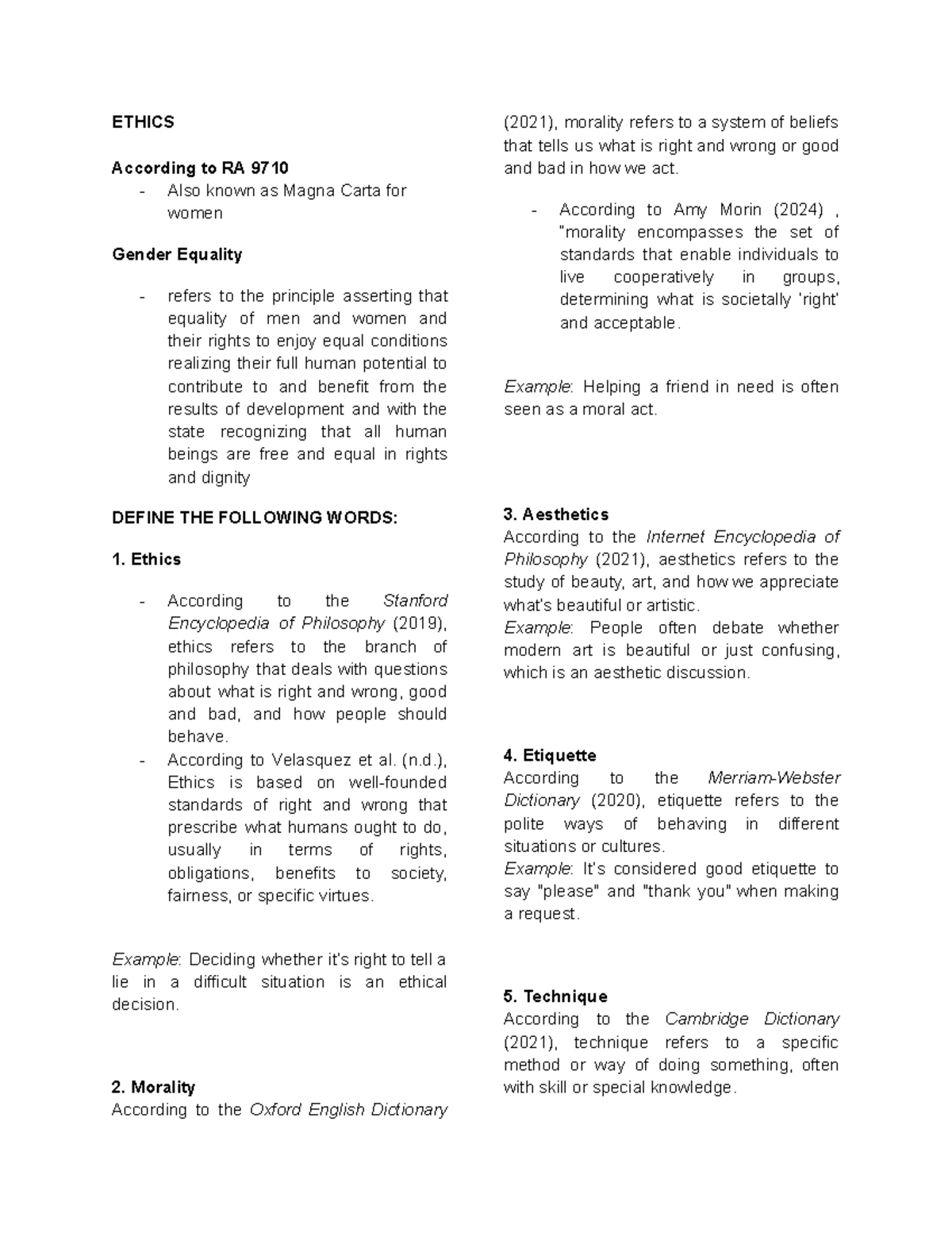 ETHICS - LECTURE NOTES (RA 9710) on Gender Equality & Morality - Studocu