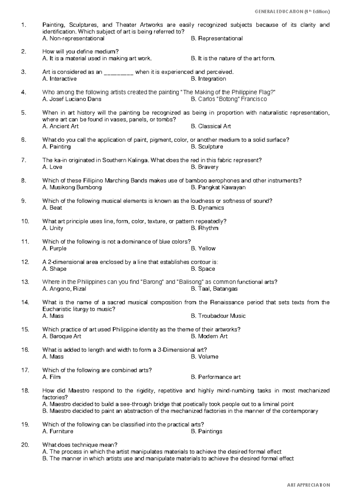 ART APPRECIATION GENERAL EDUCATION (4th Ed) Study Guide & Quiz ...