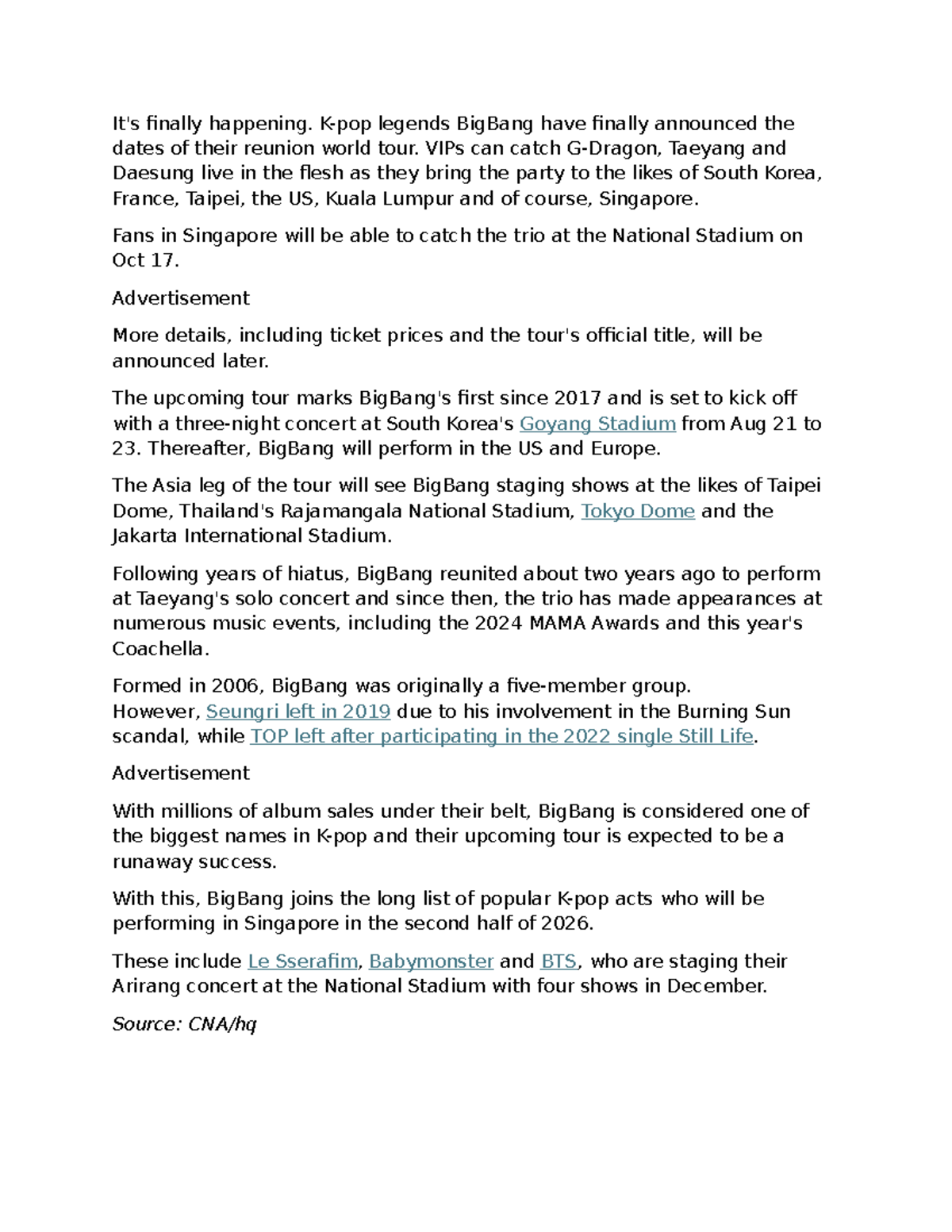 BigBang Reunion World Tour Announcement: Dates & Details - Studocu