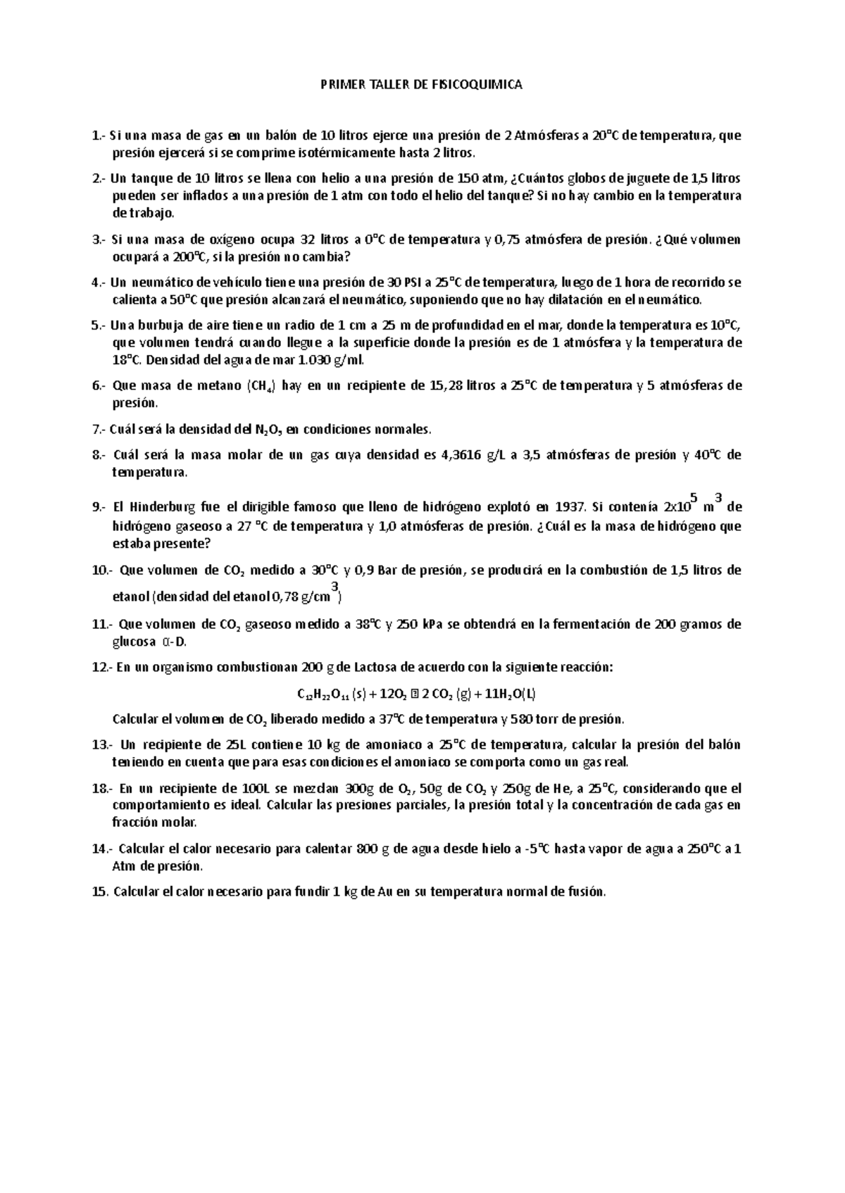 Taller 1 de Fisicoquímica: Gases y Calor (PRIMER TALLER) - Studocu