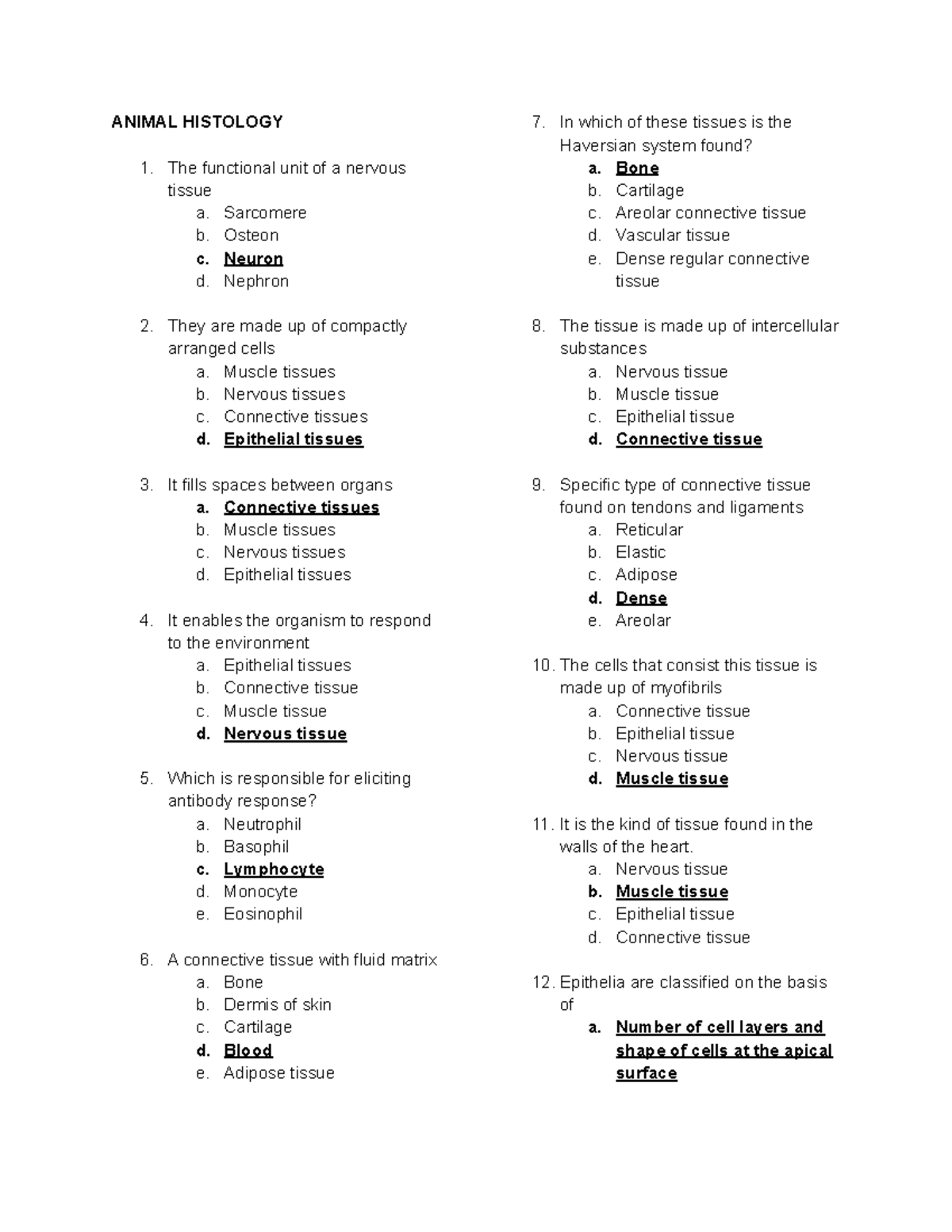ZOO 202: Animal Histology Quizzes with Answer Keys - Studocu