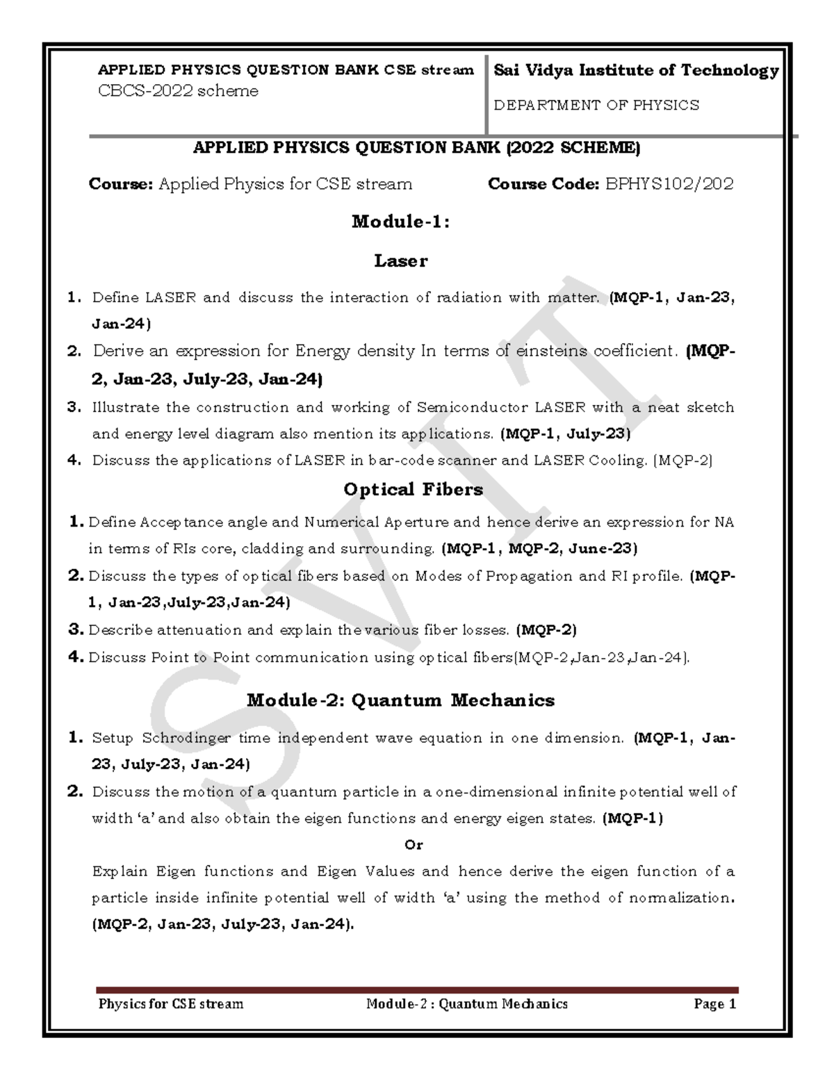 Applied Physics Question Bank for CSE - BPHYS102 (CBCS-2022) - Studocu