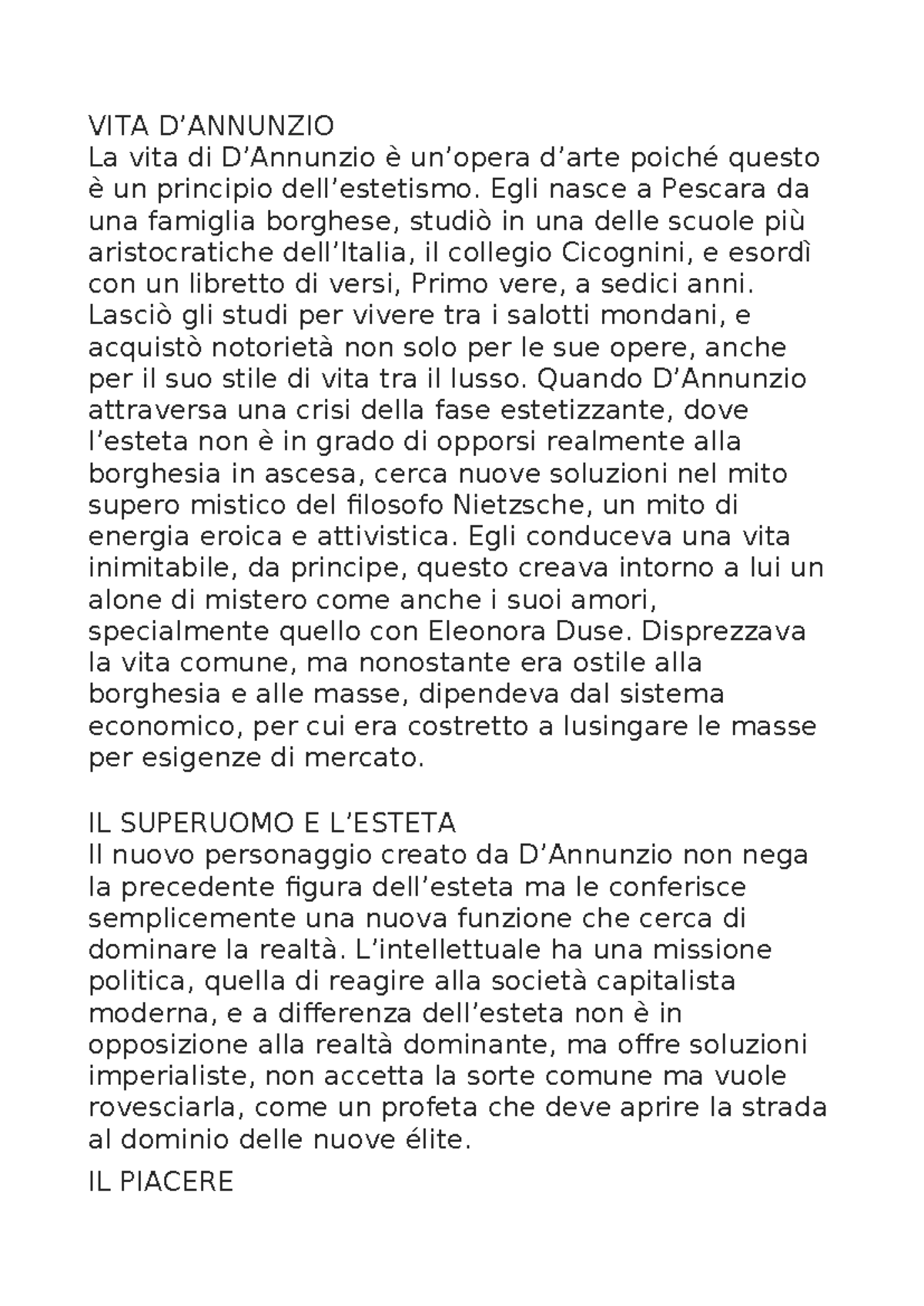 D'Annunzio e Pascoli: Riassunto Dettagliato delle Opere e Temi - Studocu