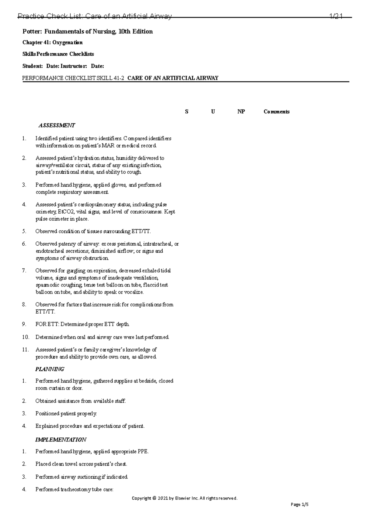 Practice Checklist for Tracheostomy Care in Nursing (NUR 101) - Studocu