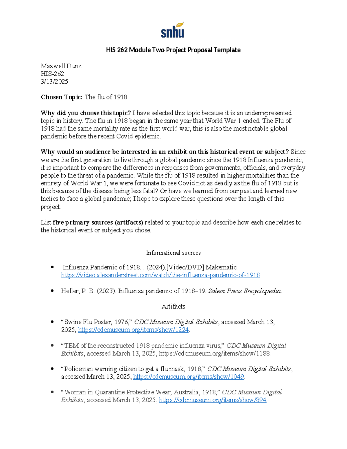 HIS 262 Module Two Project Proposal: Exploring the 1918 Flu Pandemic ...