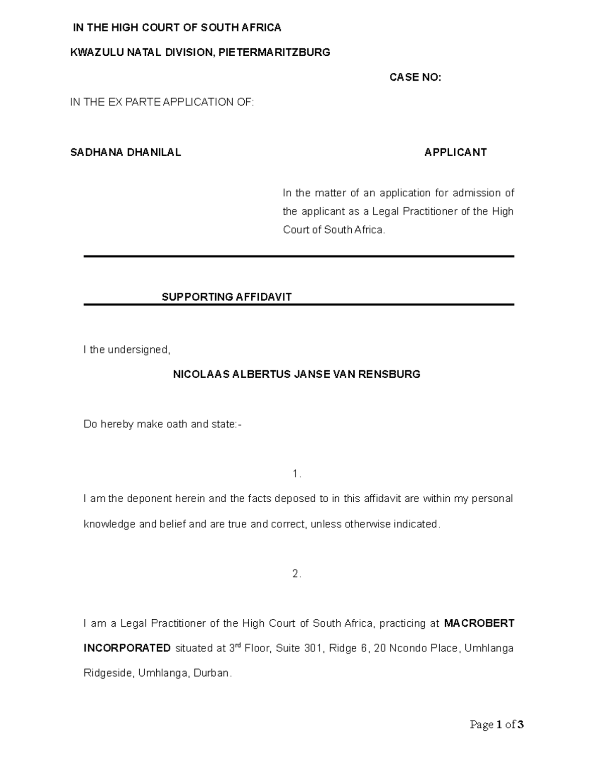Supporting Affidavit for Legal Practitioner Admission Application - Studocu
