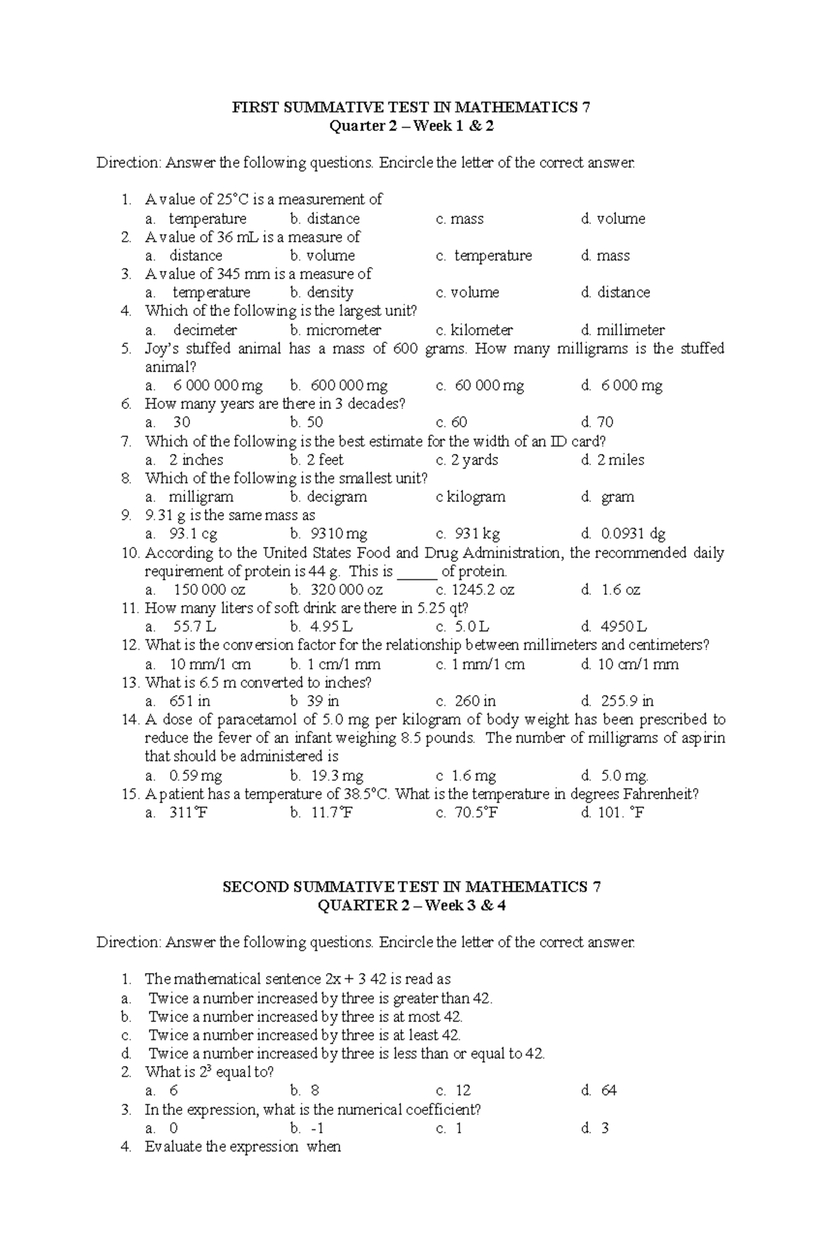 MATH 7 Quarter 2 Summative Test: All Three Parts Overview - Studocu