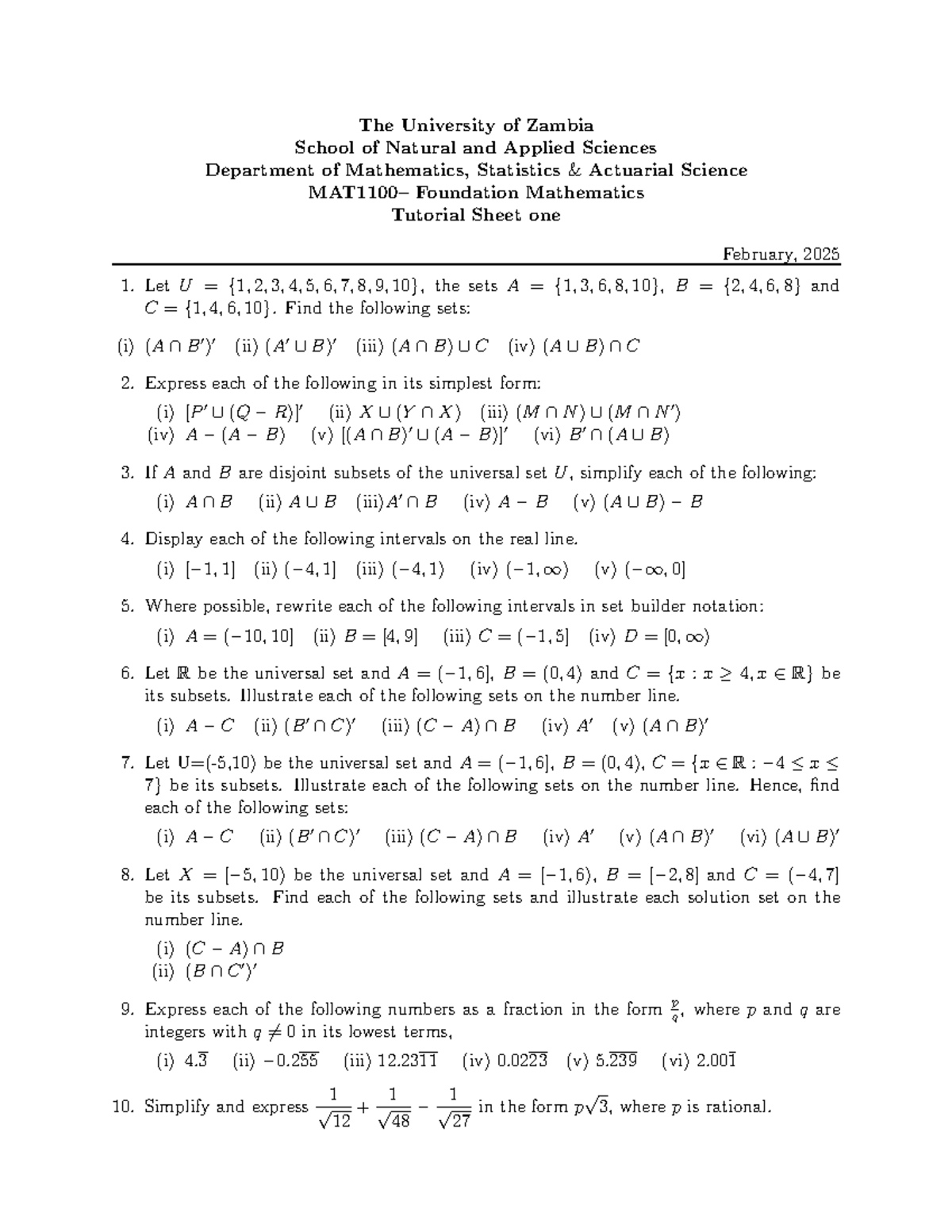 MAT1100-1 - Foundation Mathematics Tutorial Sheet 1 (Feb 2025) - Studocu