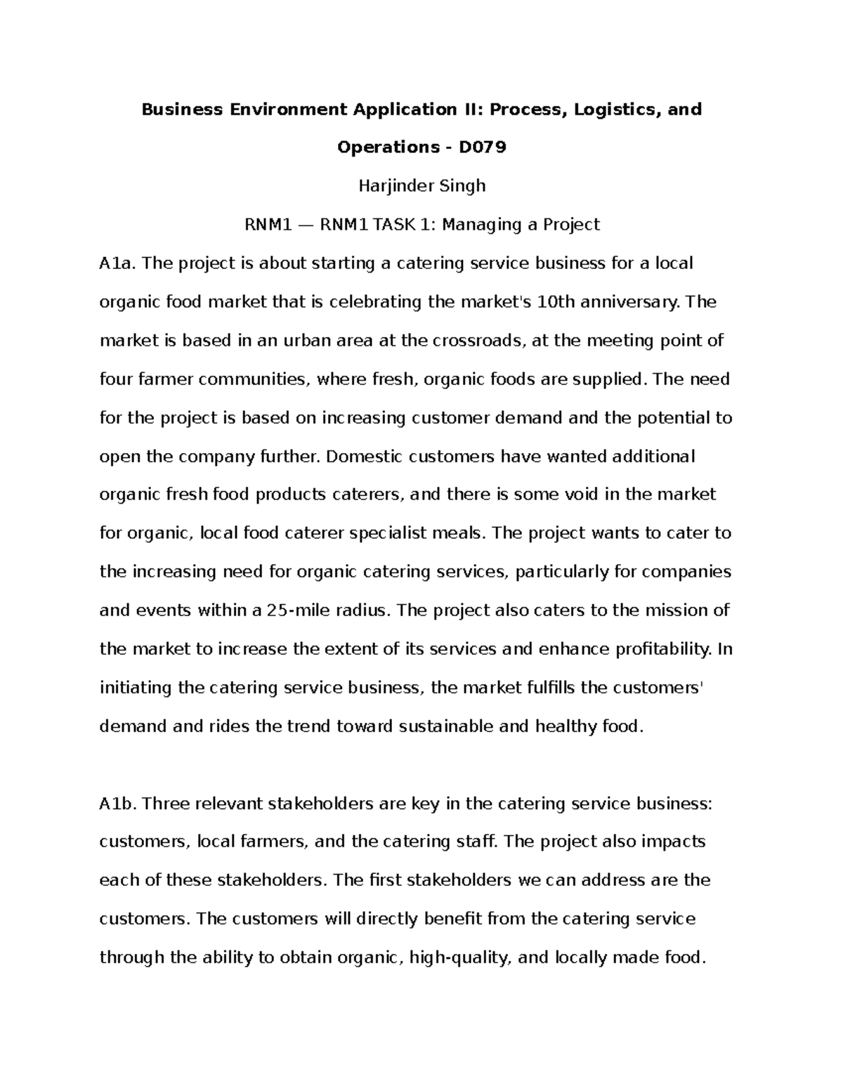 D079 - Task 1 - Catering Service Project Proposal and Management - Studocu