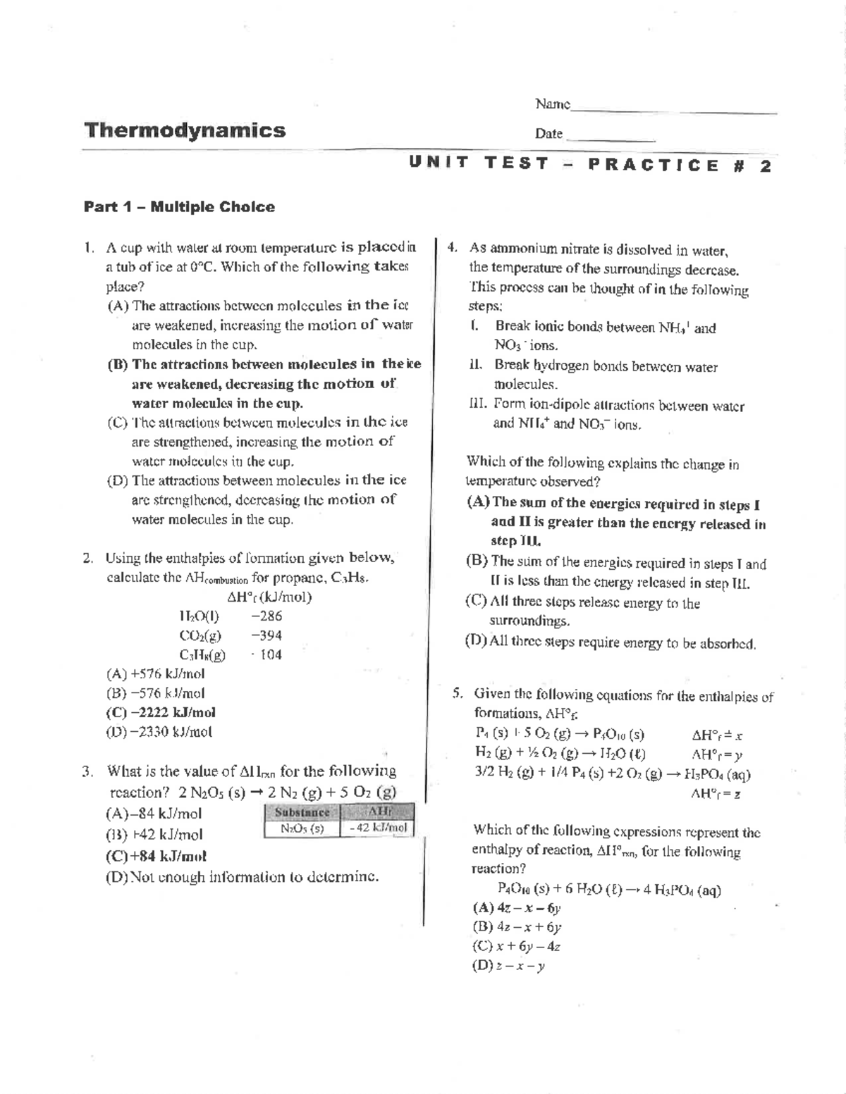 Unit Practice Test 2 AP Answers - Name Thermodynamics Date UNIT TEST ...