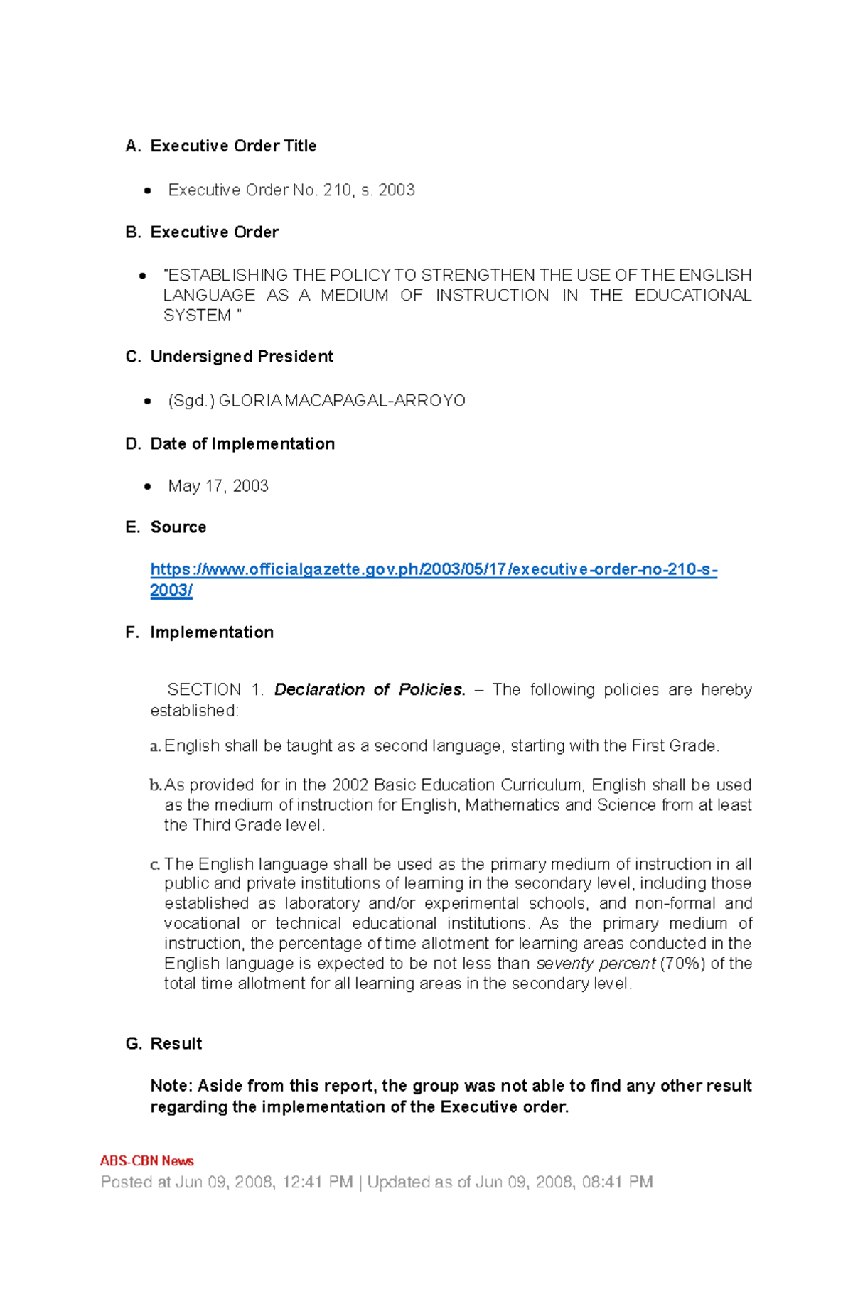 English 18 Critical Analysis - A. Executive Order Title - Executive ...