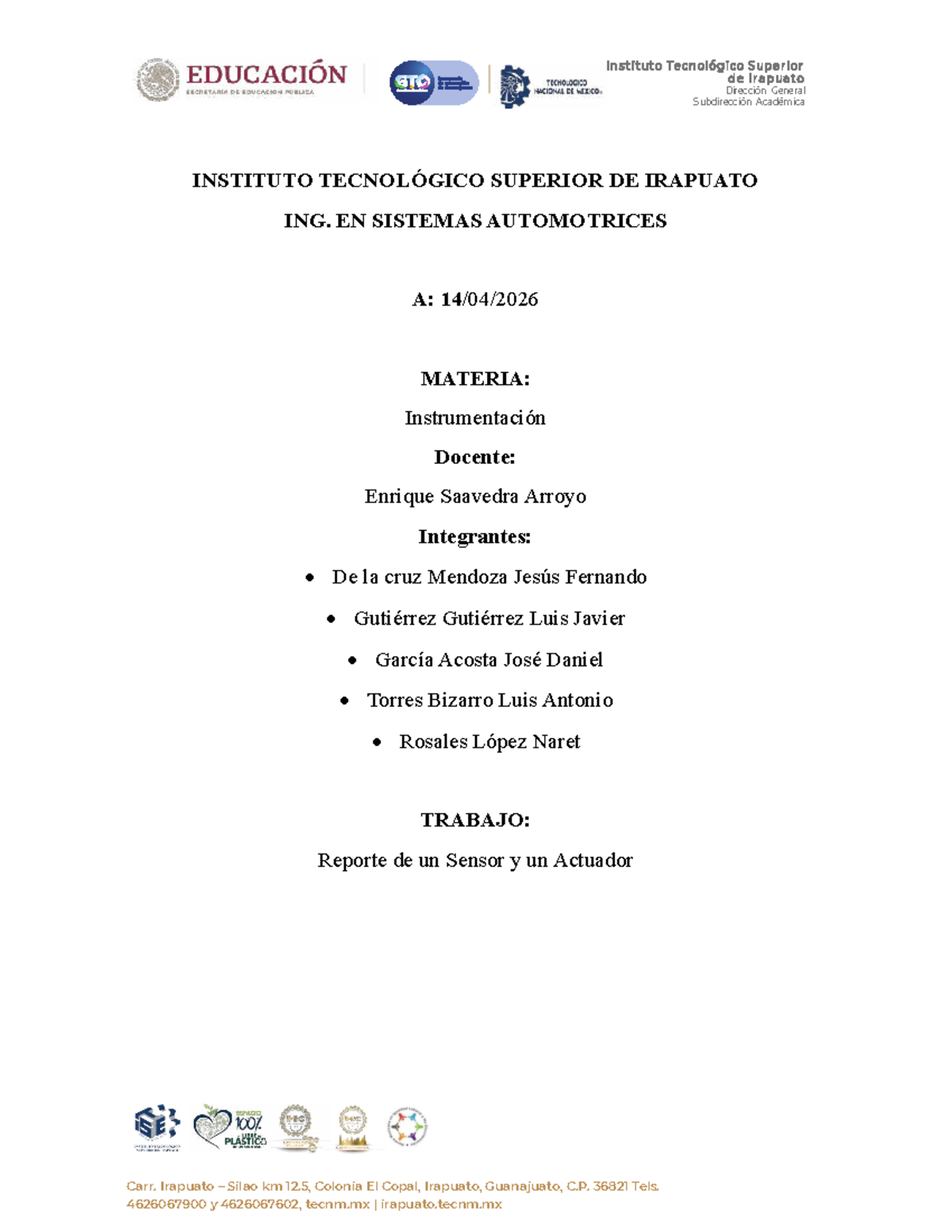 Reporte de Sensor y Actuador TPS - Ing. en Sistemas Automotrices - Studocu