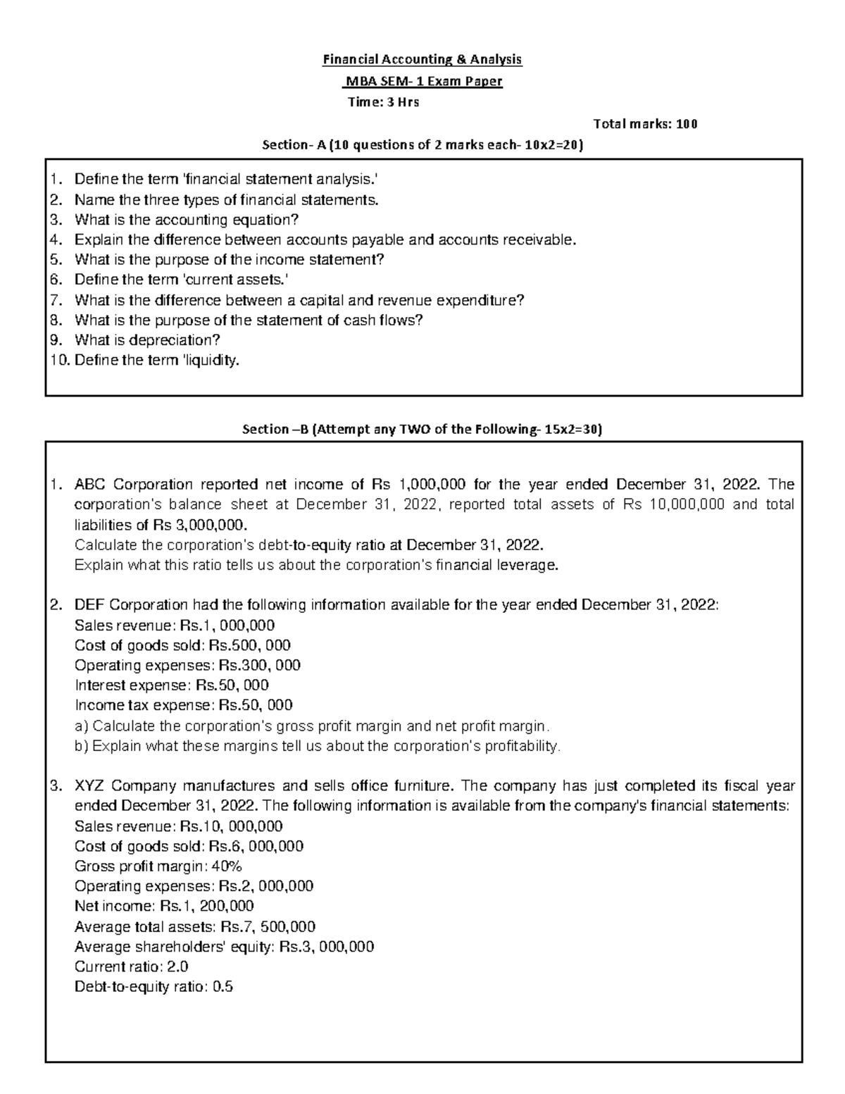 MBA SEM-1 Exam: Financial Accounting & Analysis Questions - Studocu