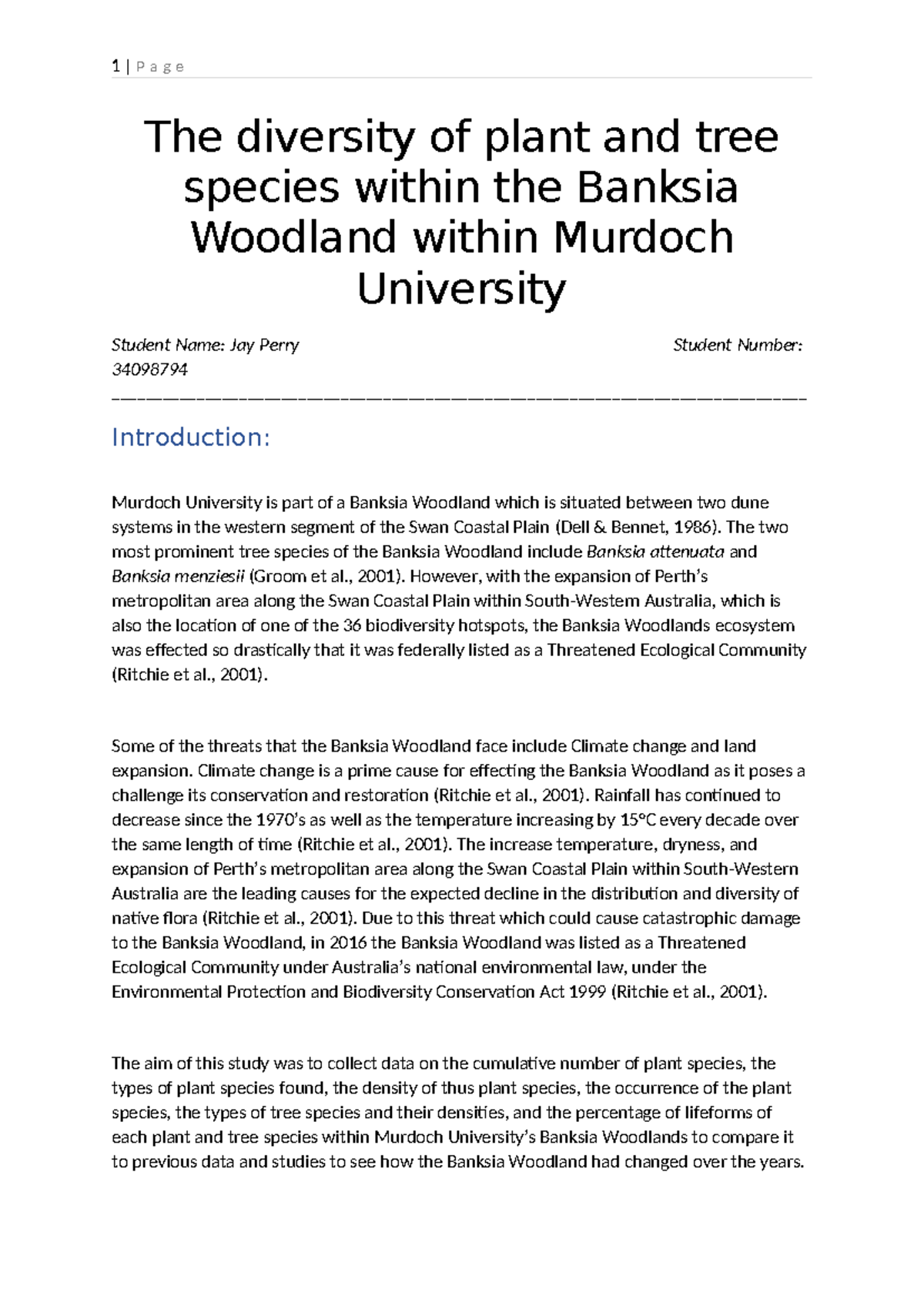 Plant and Tree Diversity in Murdoch University's Banksia Woodland: A ...
