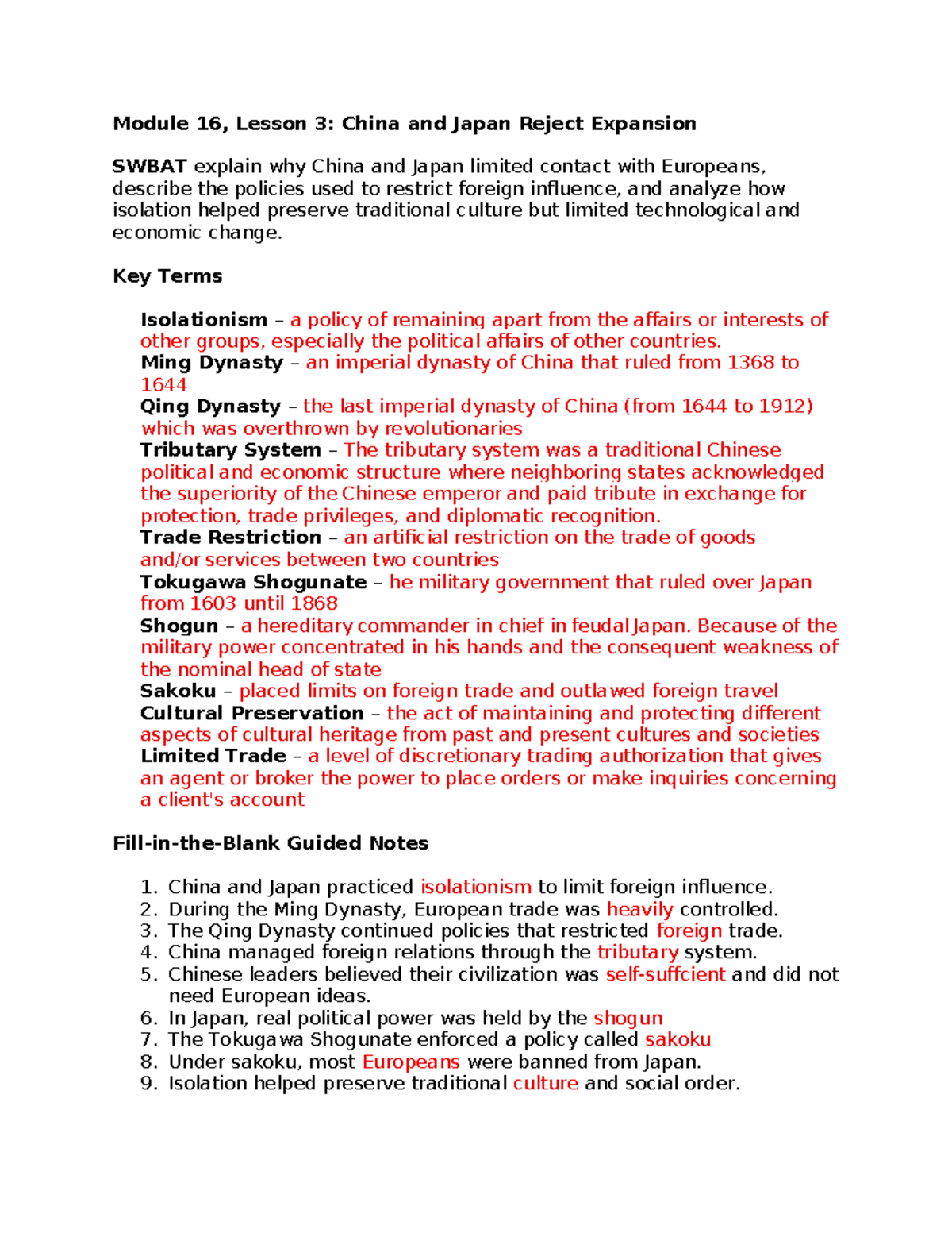 A6 Module 16, Lesson 3: China & Japan's Isolation Policies - Studocu