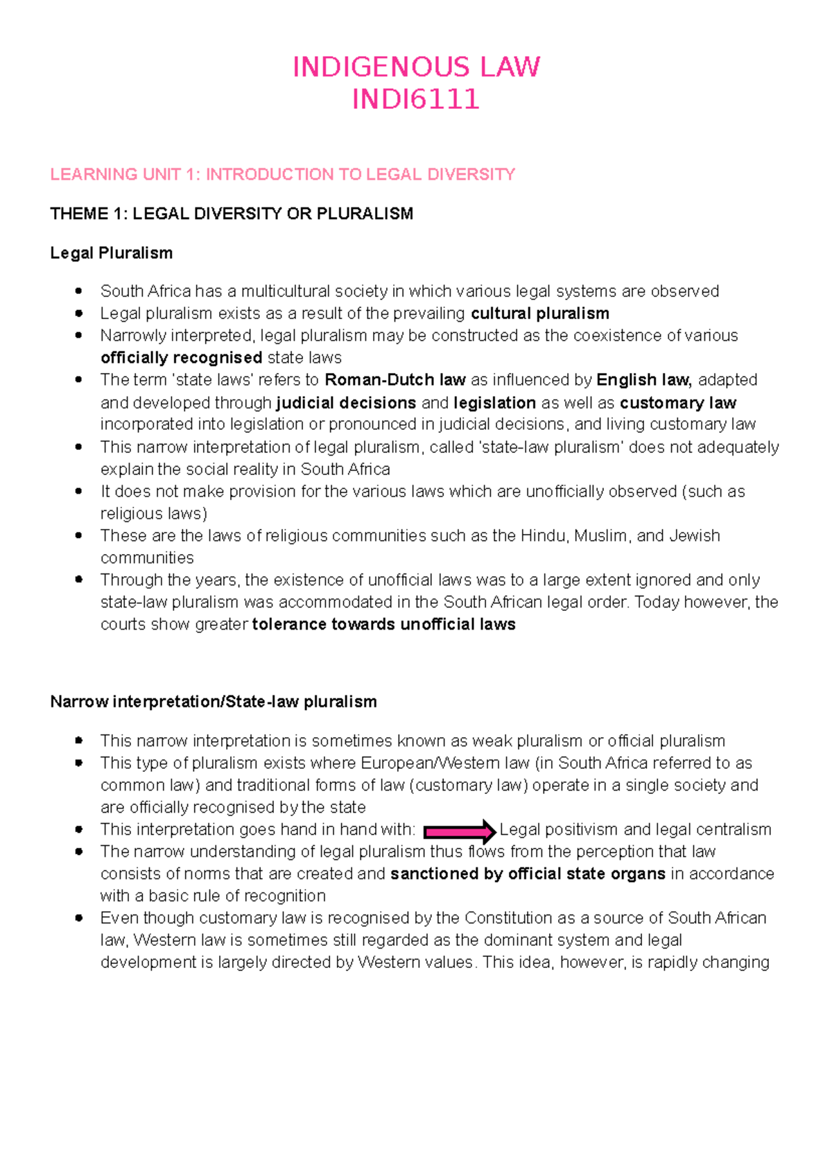 Indigenous law learning unit 1: Introduction to legal diversity - Studocu