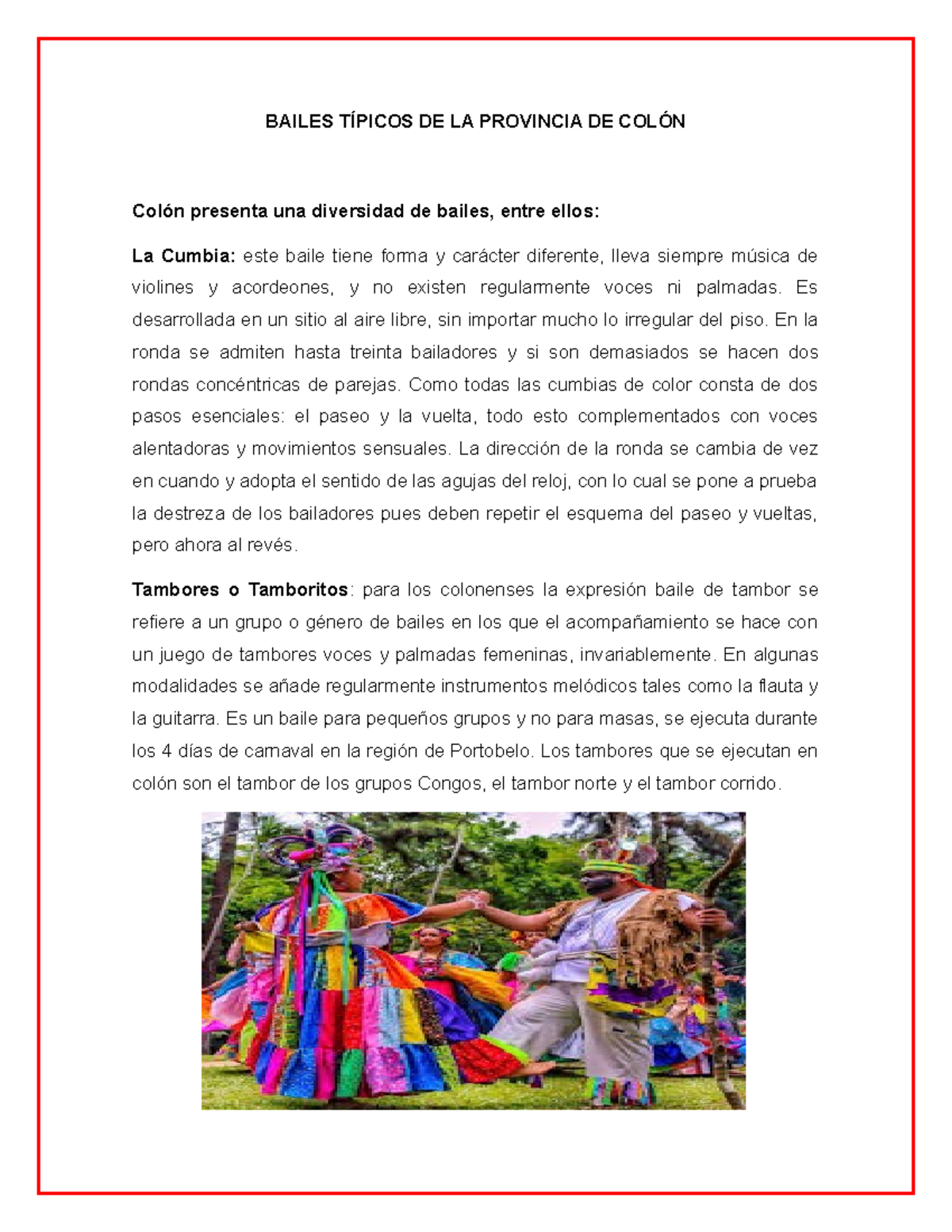 Bailes Típicos de la Provincia de Colón: Cumbia y Drama del Congo - Studocu