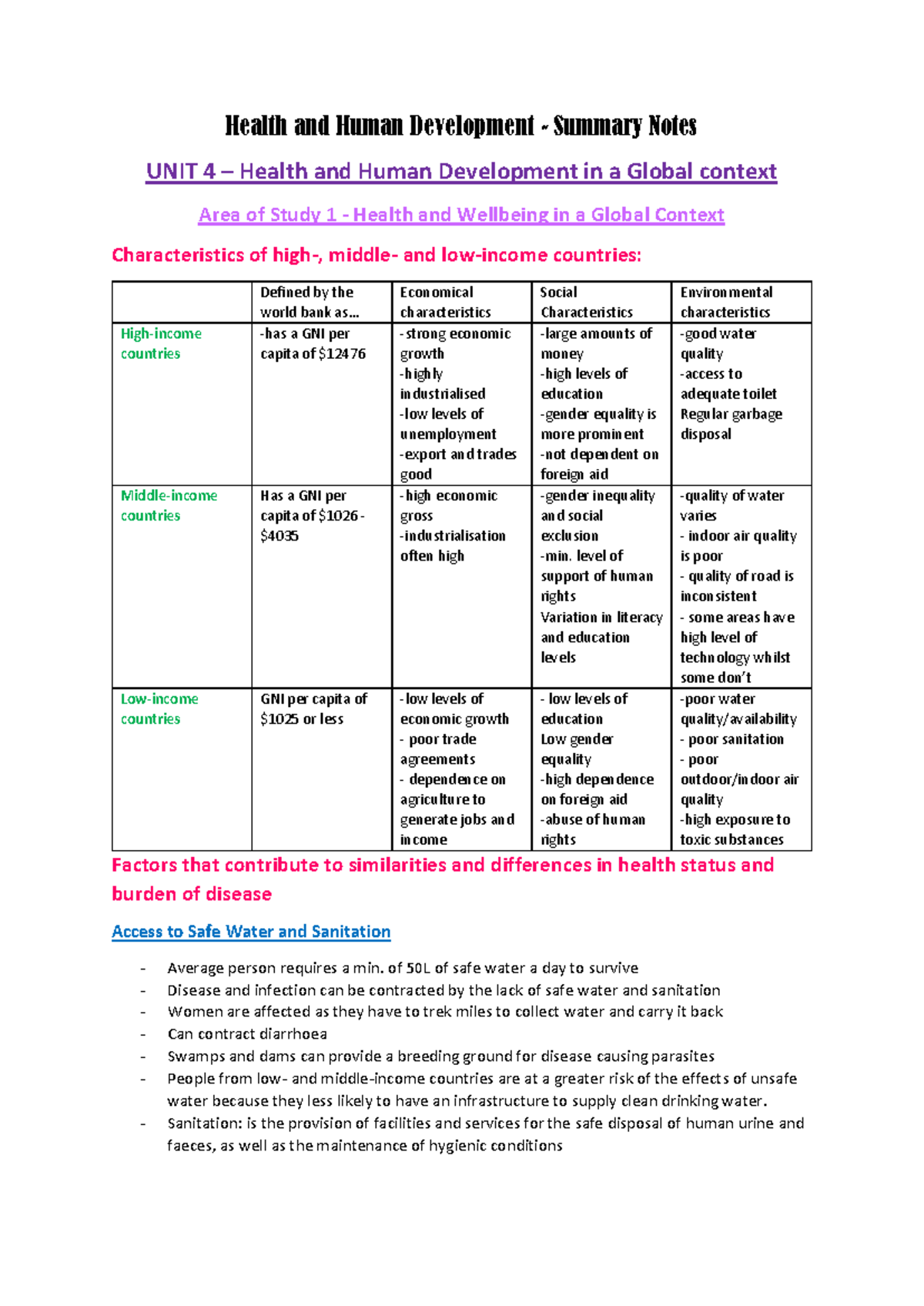 Health and Human Development Summary Notes - UNIT 4 Global Context ...