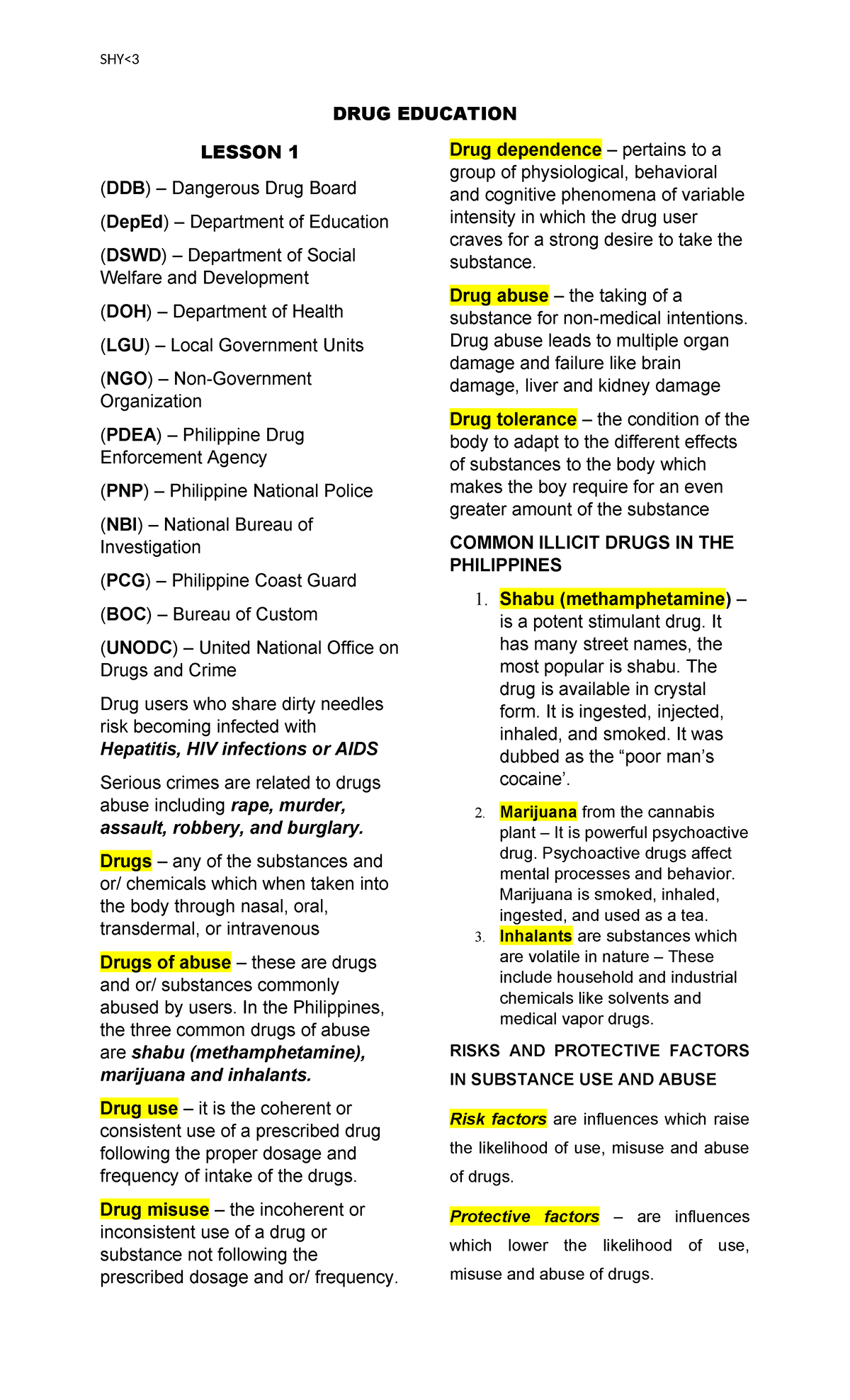 DRUG Education Reviewer - DRUG EDUCATION LESSON 1 (DDB) – Dangerous ...