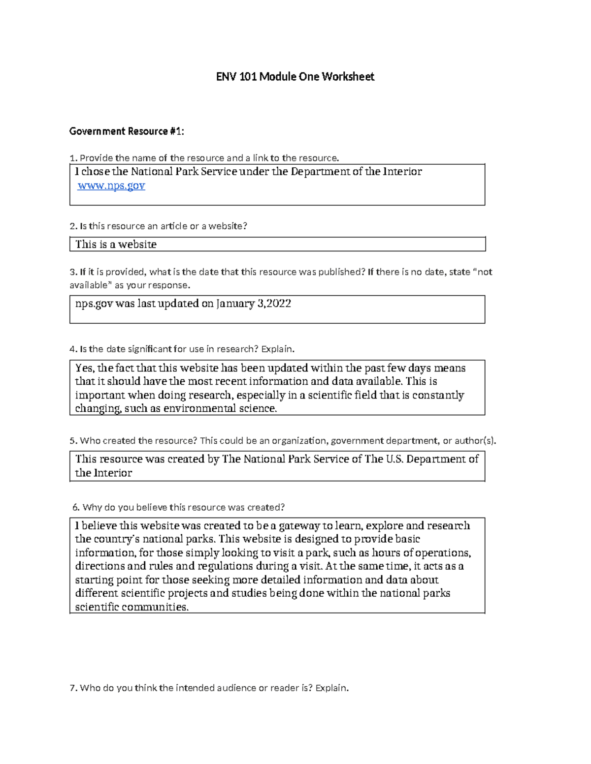ENV 101 Module 1 Worksheet: Government Resources Overview - Studocu