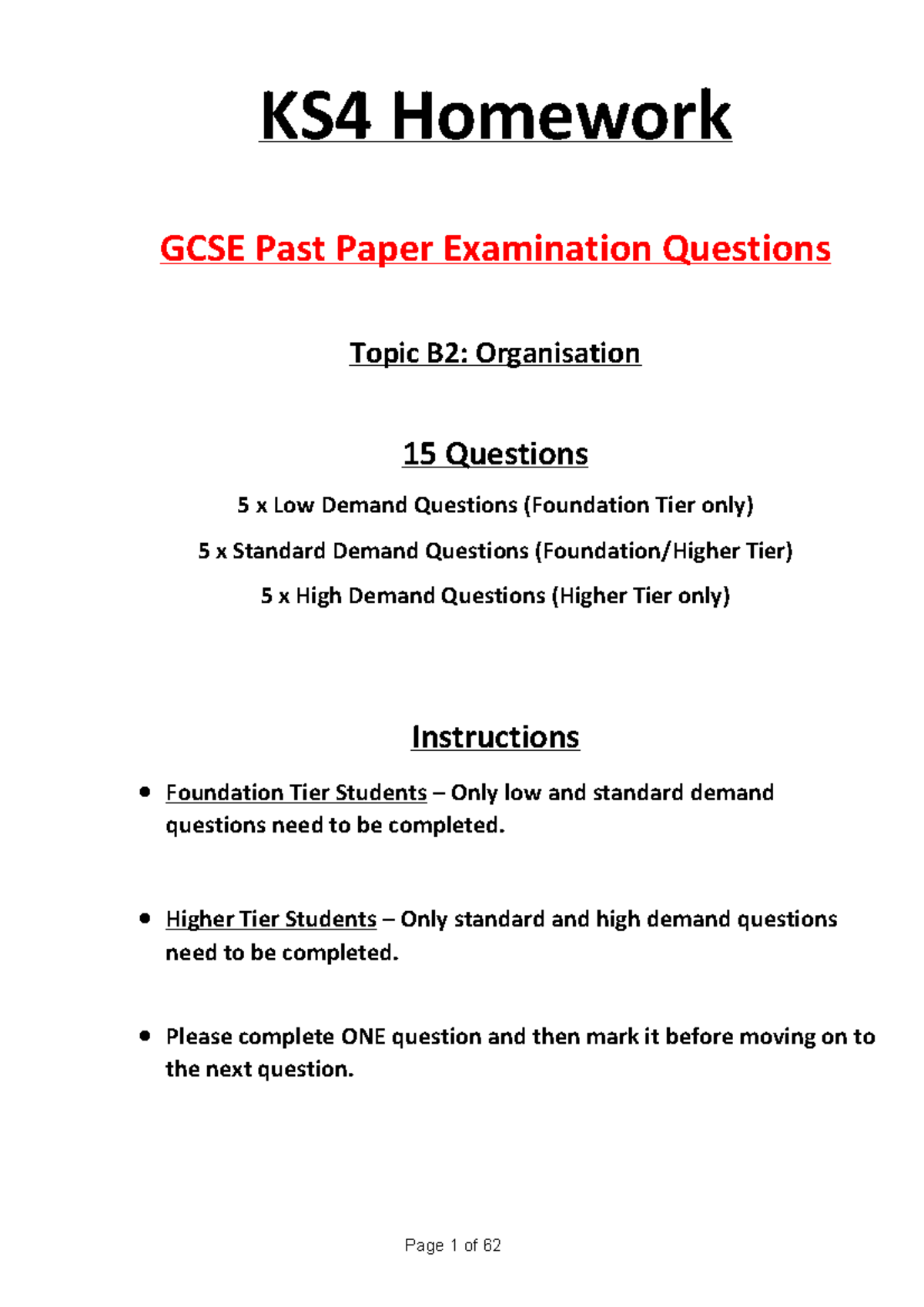 B2: Organisation - GCSE Past Paper Exam Questions & Answers - Studocu