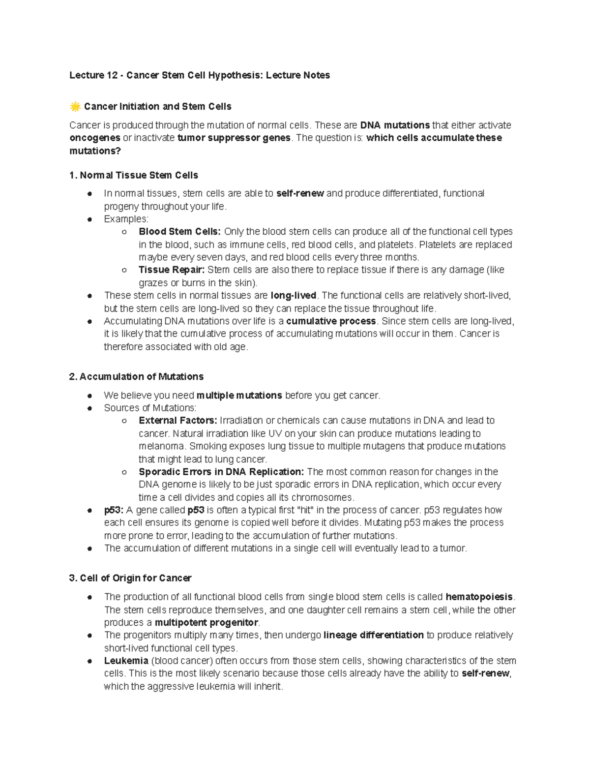 Lecture 12 - Cancer Stem Cell Hypothesis: Key Insights and Notes - Studocu