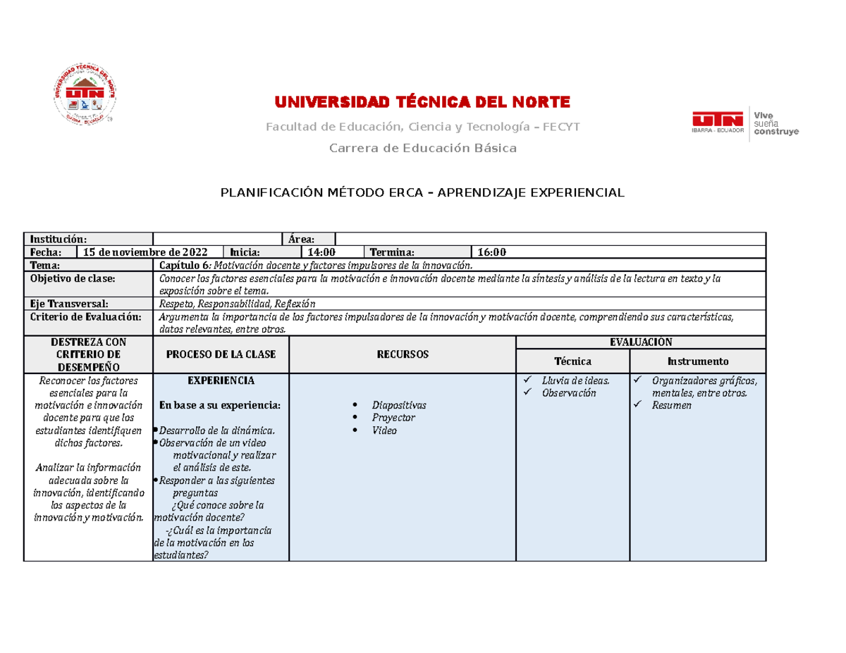 Formato ERCA: Resumen de Motivación e Innovación Docente - Studocu