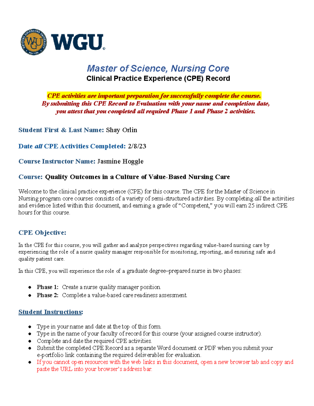 D026 CPE record - Master of Science, Nursing Core Clinical Practice ...