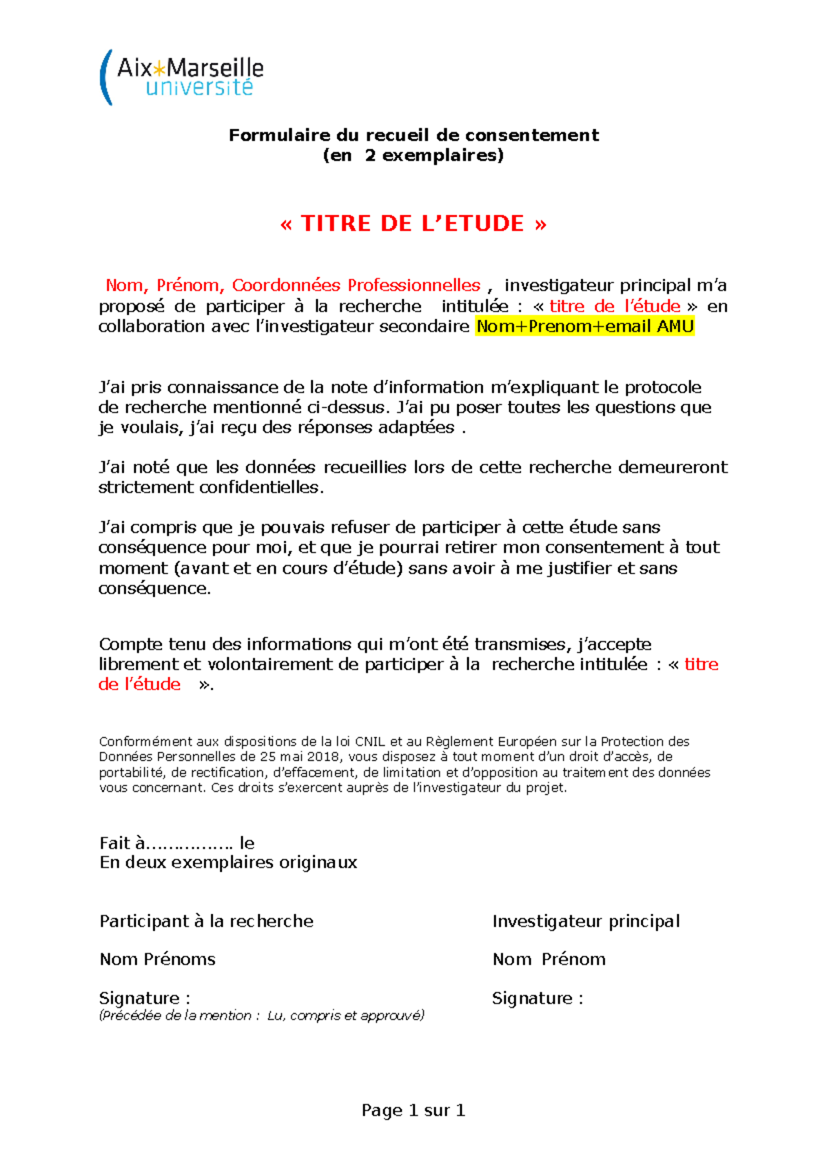 DRV Fiche consentement AMU 2021 - Formulaire du recueil de consentement ...