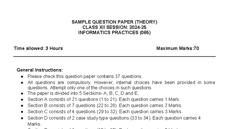 IP (065) Class XII Theory Sample Question Paper - 3 Hours - Studocu