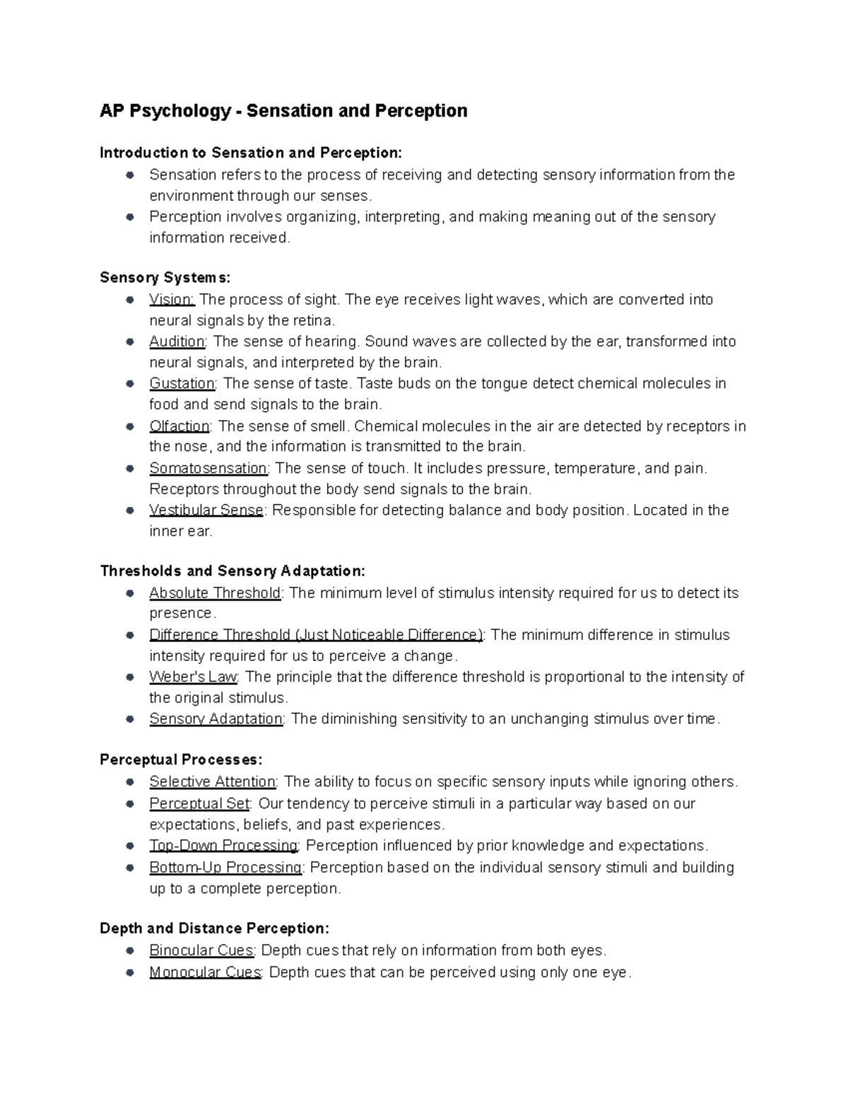 AP Psychology - Comprehensive Notes on Sensation & Perception - Studocu