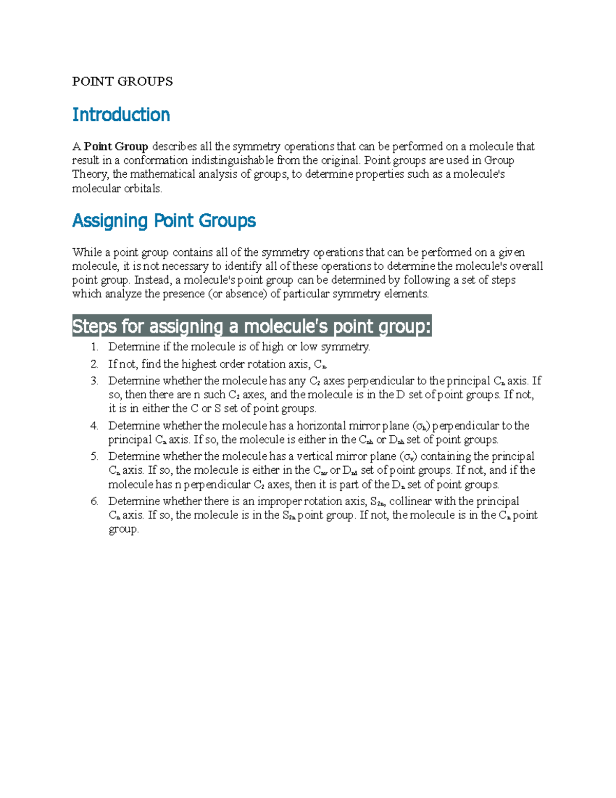 Point Groups - Practice Materials for Chemistry Concepts - Studocu
