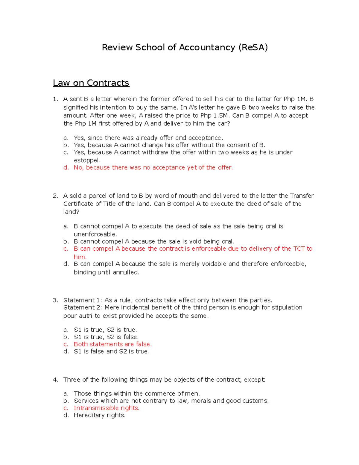 Business Law (BA101): Review Notes on Law of Contracts and Obligations ...