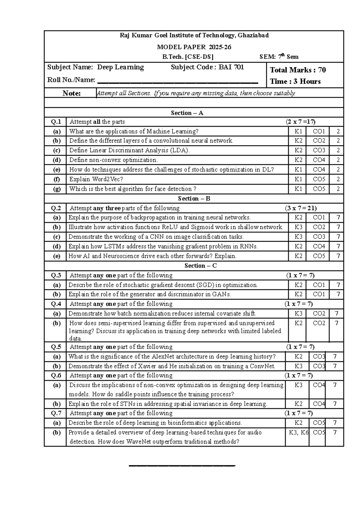 B.Tech Model Paper: Deep Learning (BAI 701) - 7th Sem - Studocu