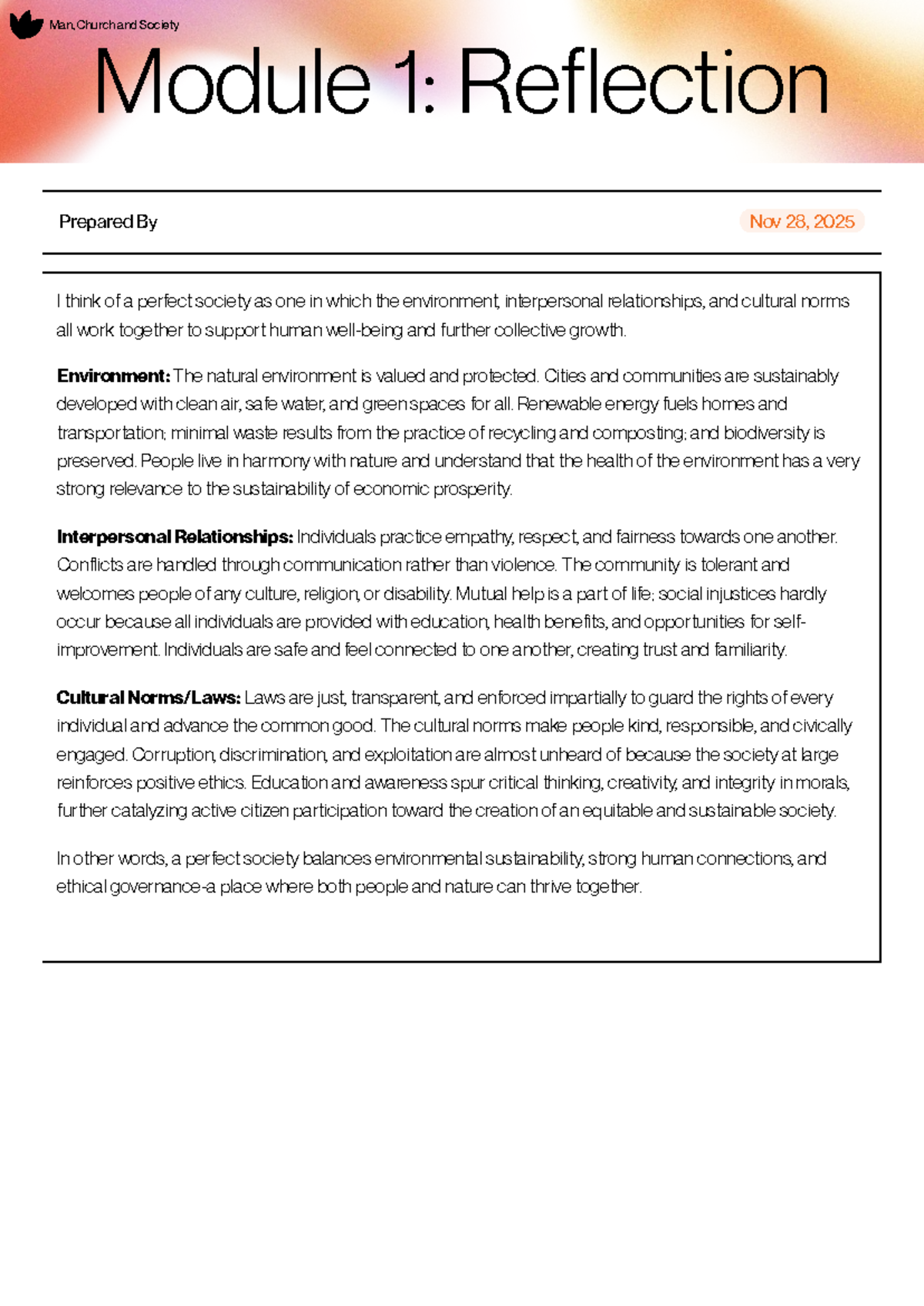 Module 1 Reflection: Vision of a Perfect Society in Man, Church ...