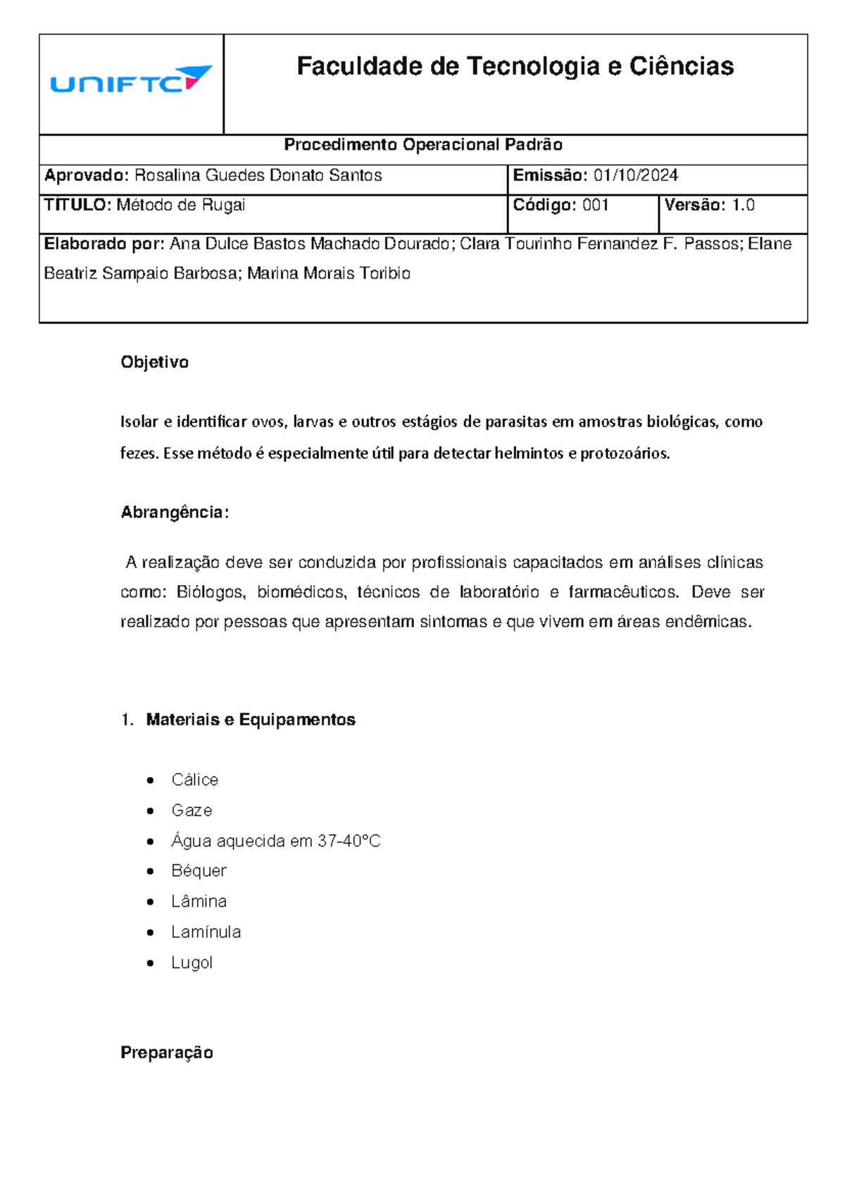 Método de Rugai para Identificação de Parasitas em Amostras Biológicas ...
