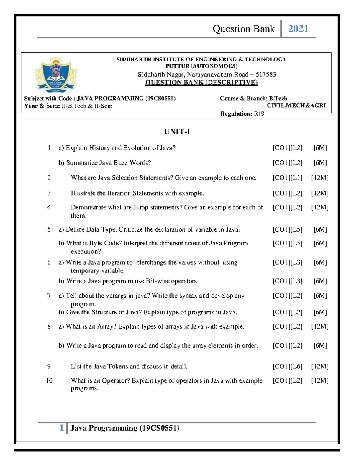 Java programming (19CS0551) question bank 2021 - Studocu
