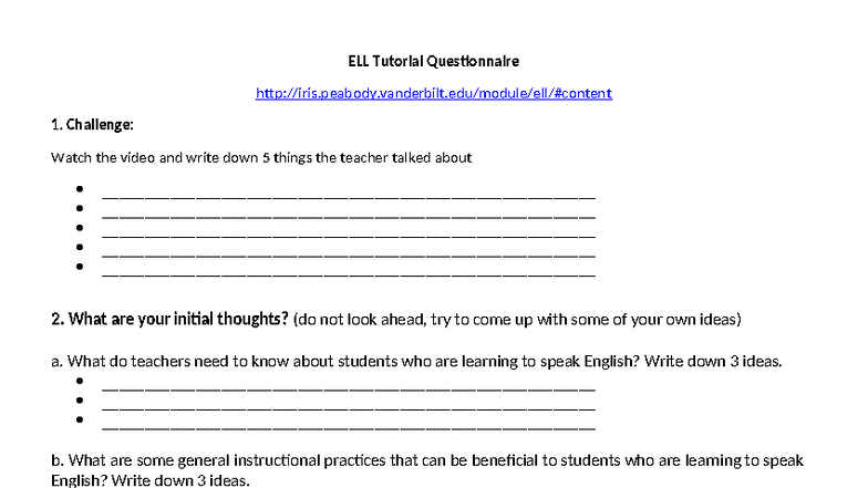 ELL Tutorial Questionnaire: Effective Strategies for Teaching - Studocu