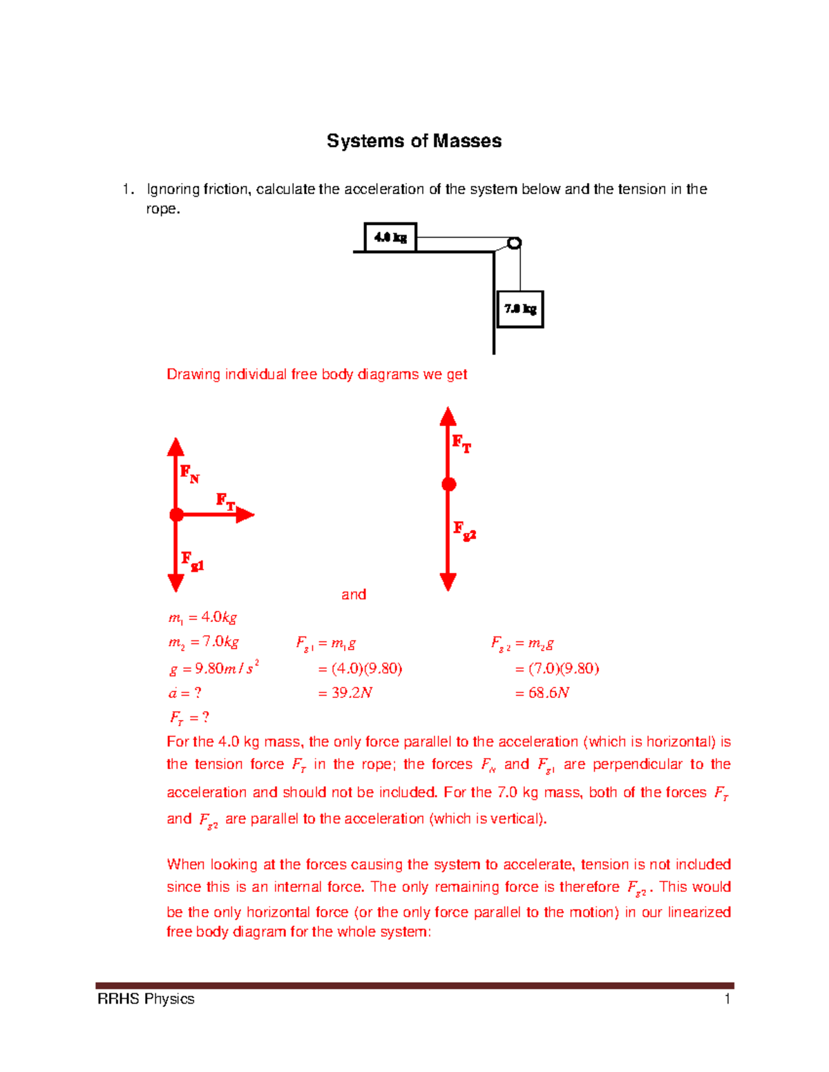 RRHS Physics: Systems of Masses Problem Set and Solutions - Studocu