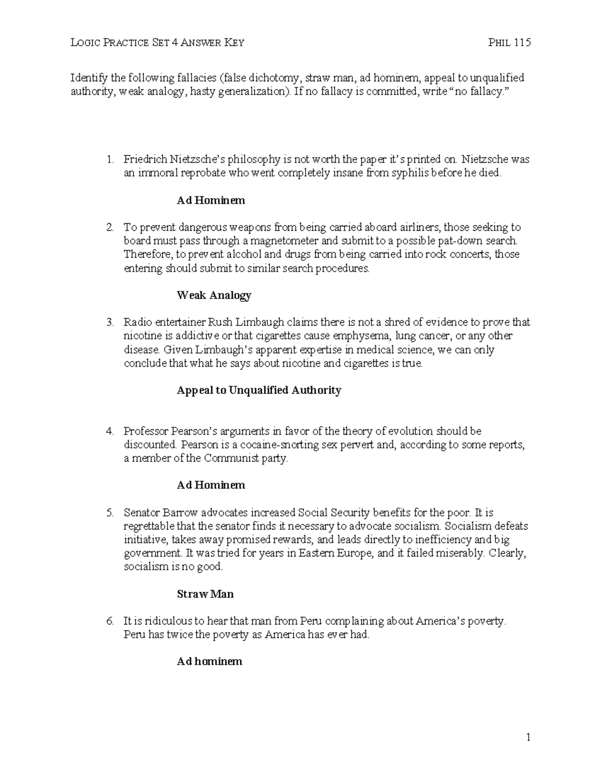 Logic Practice Set 4 Answer Key for PHIL 115: Fallacy Identification ...