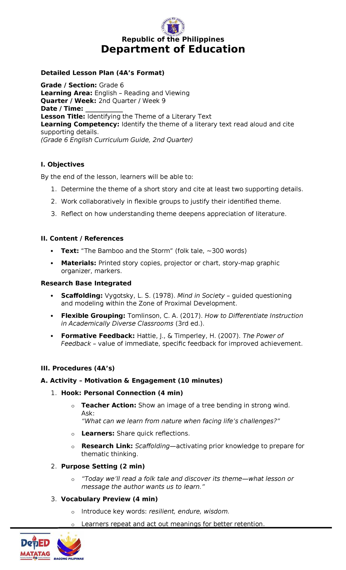 Grade 6 English Lesson Plan: Identifying Themes in Literature - Studocu