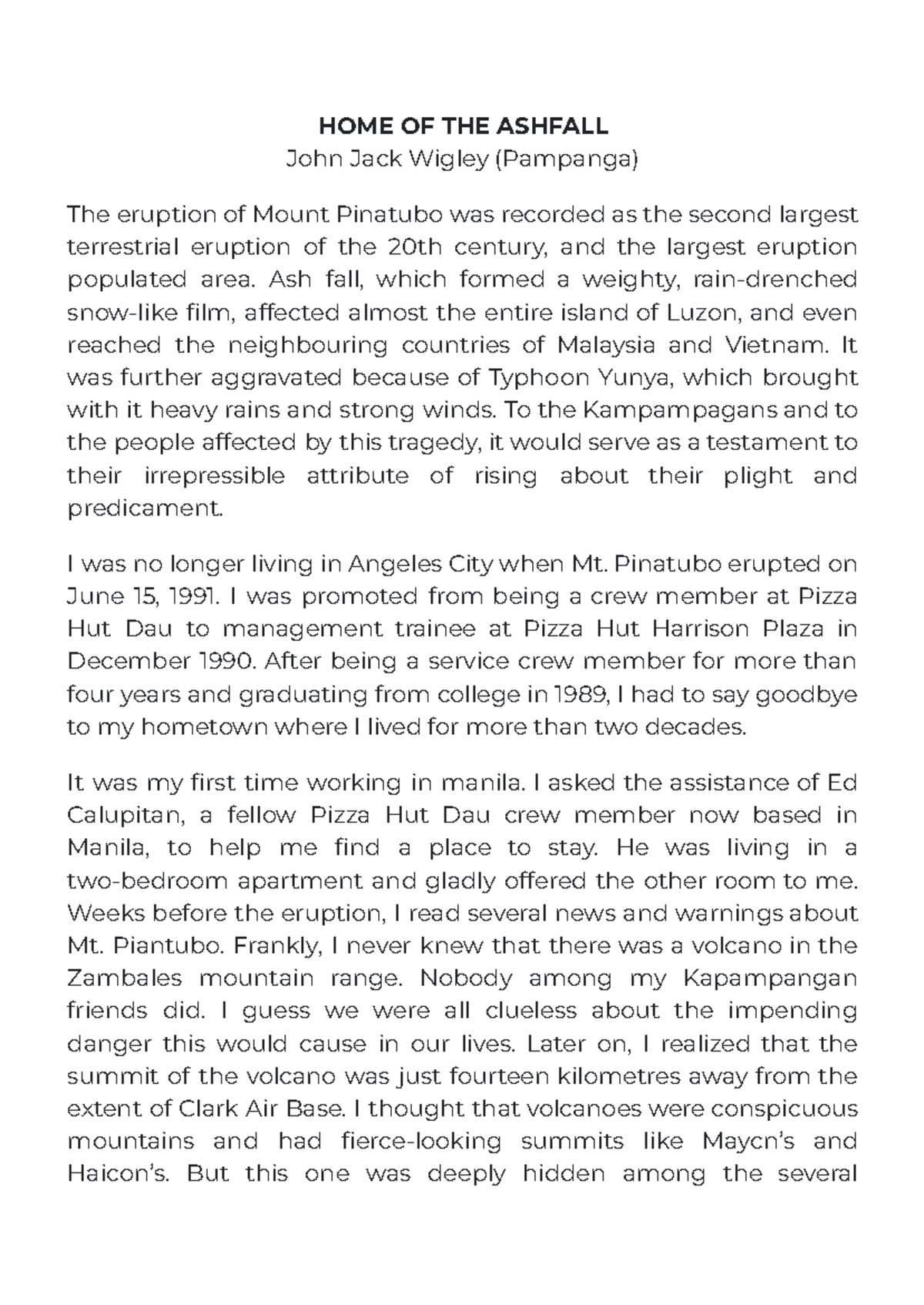 Home of the Ashfall: Reflections on the 1991 Mt. Pinatubo Eruption ...