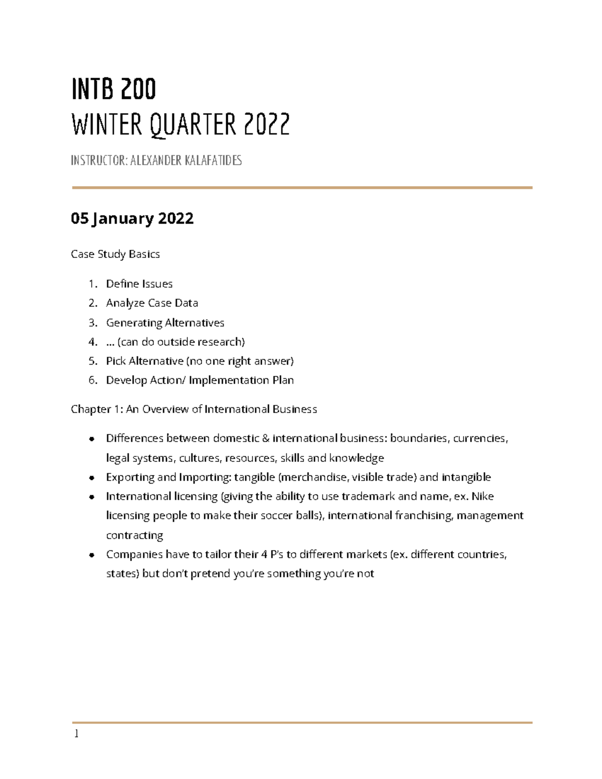 INTB 200 Notes - INTB 200 WINTER QUARTER 2022 INSTRUCTOR: ALEXANDER ...
